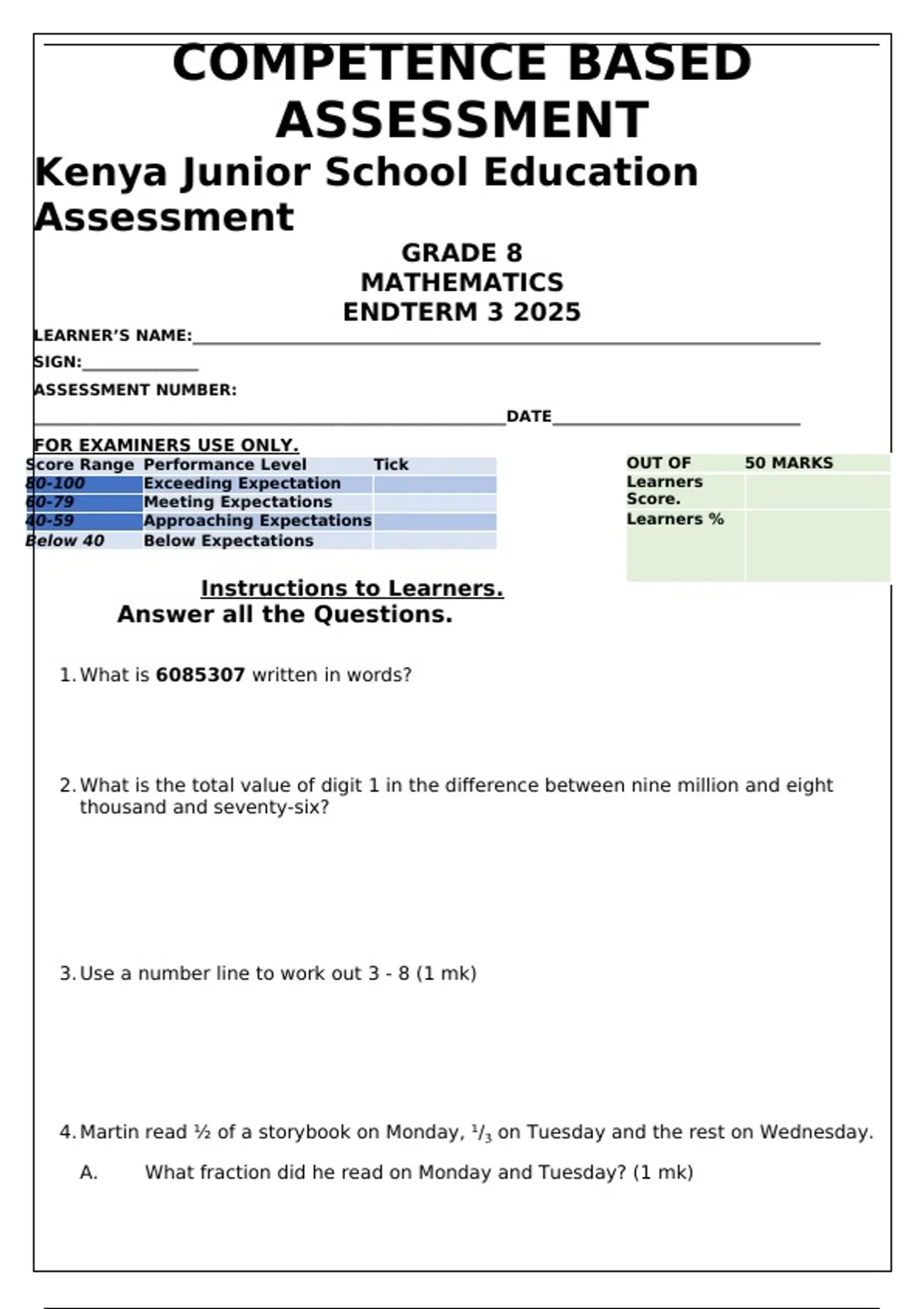 Grade 7 CBC Exam Papers (Math, English, Kiswahili & CRE) + Full Marking ...