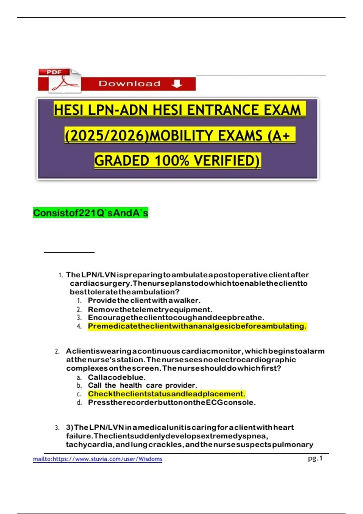 HESI LPN-ADN HESI ENTRANCE EXAM (2025/2026)MOBILITY EXAMS (A+ GRADED ...