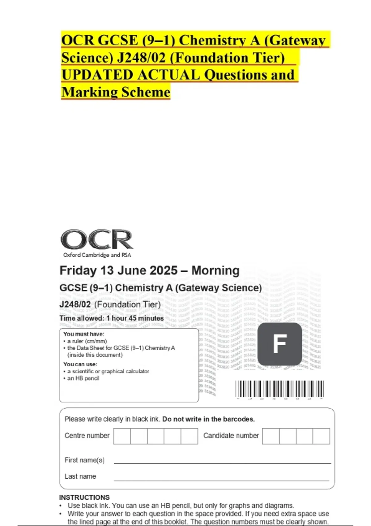 OCR GCSE (9–1) Chemistry A (Gateway Science) J248/02 (Foundation Tier ...