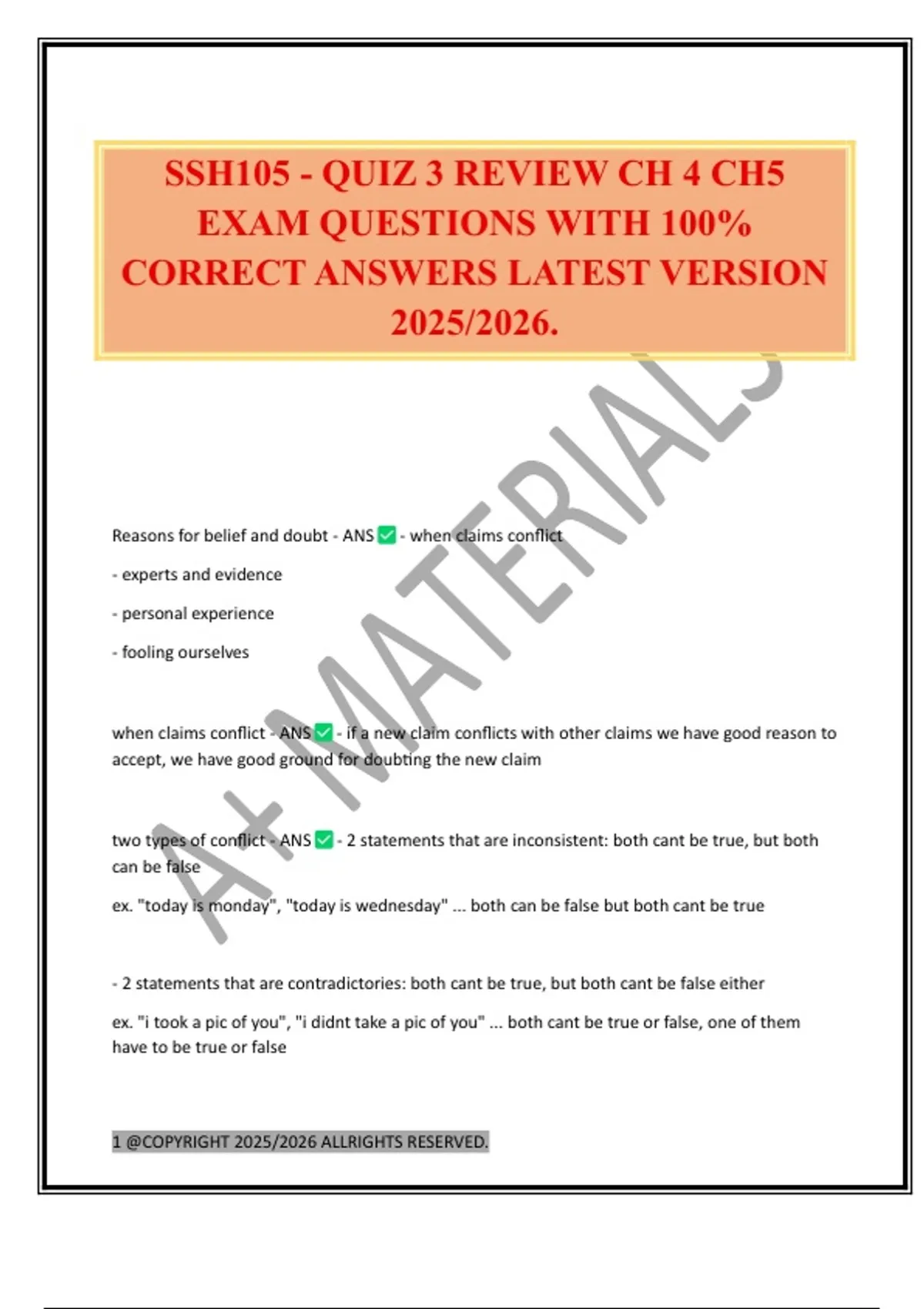 SSH105 - QUIZ 3 REVIEW CH 4 CH5 EXAM QUESTIONS WITH 100% CORRECT ...