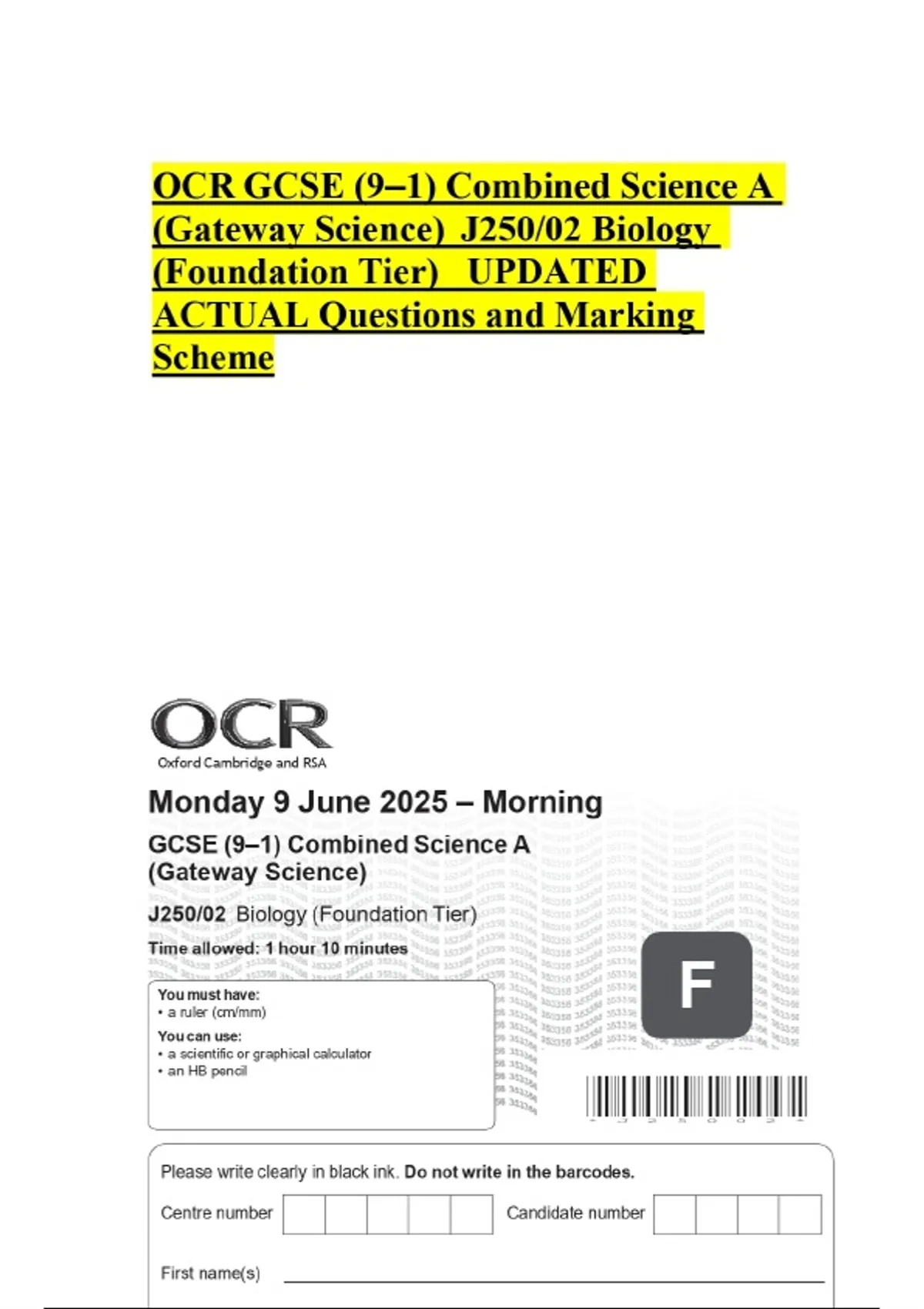 OCR GCSE (9–1) Combined Science A (Gateway Science) J250/02 Biology ...