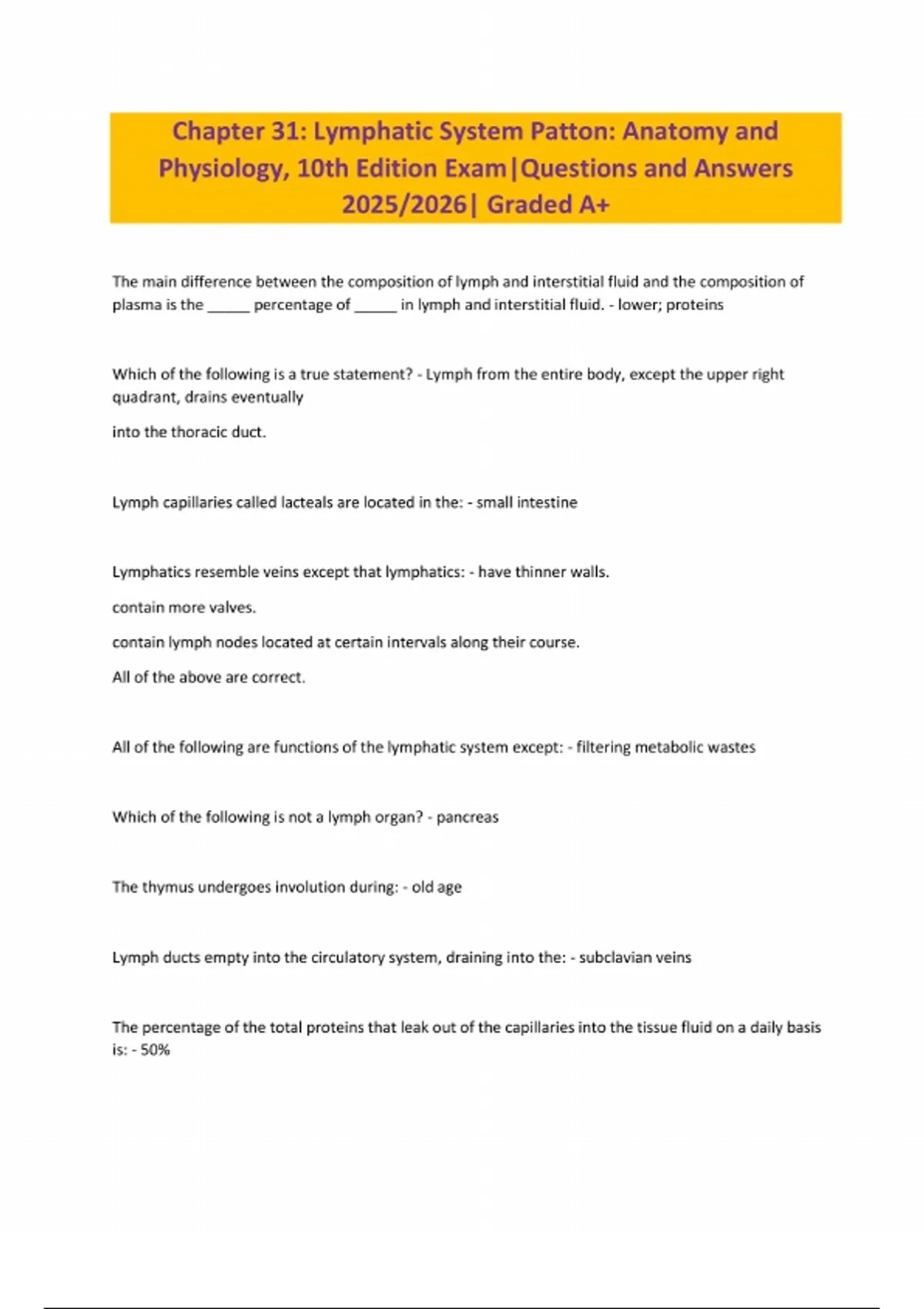 Chapter 31: Lymphatic System Patton: Anatomy and Physiology, 10th ...