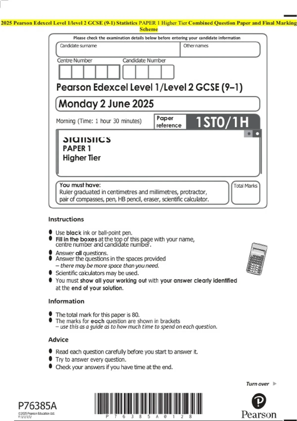 2025 Pearson Edexcel Level 1/level 2 GCSE (9-1) Statistics PAPER 1 ...
