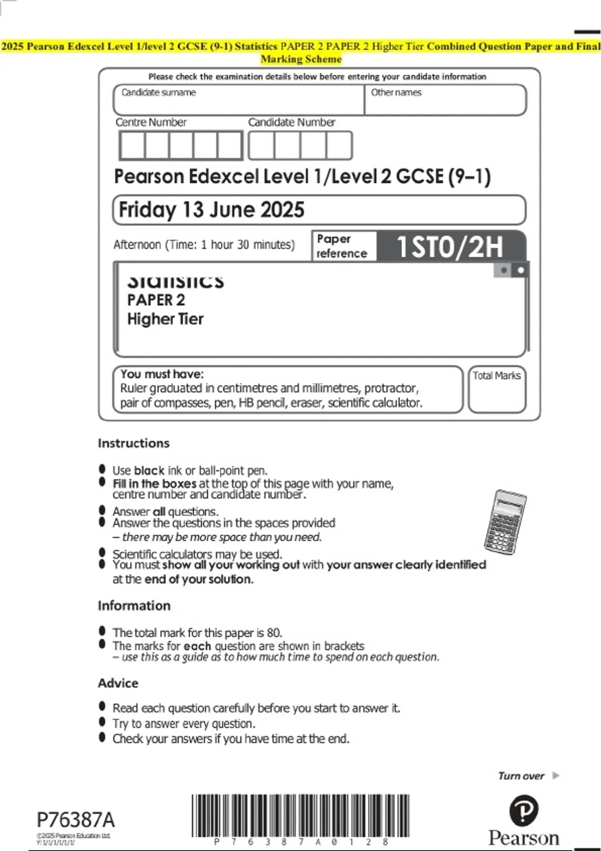 2025 Pearson Edexcel Level 1/level 2 GCSE (9-1) Statistics PAPER 2 ...