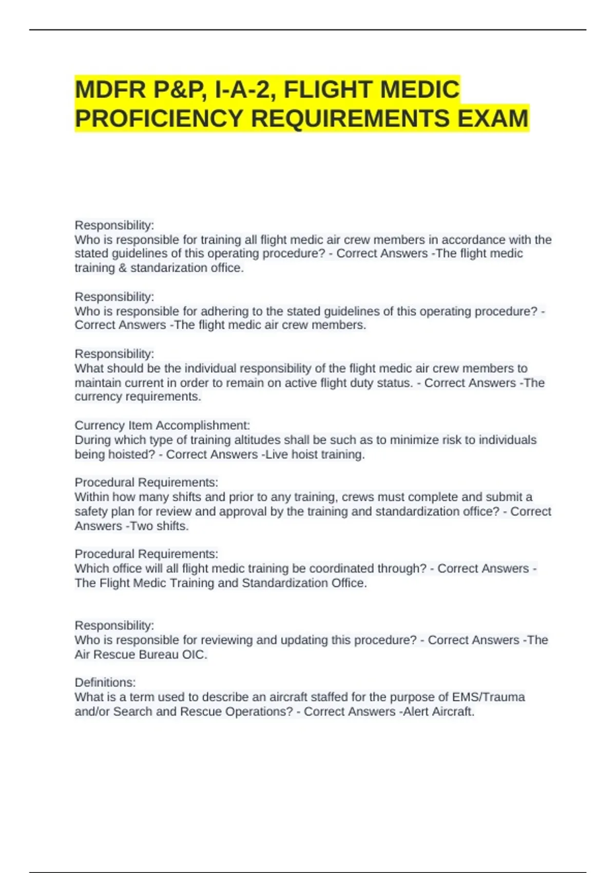 MDFR P&P, I-A-2, FLIGHT MEDIC PROFICIENCY REQUIREMENTS EXAM QUESTIONS ...