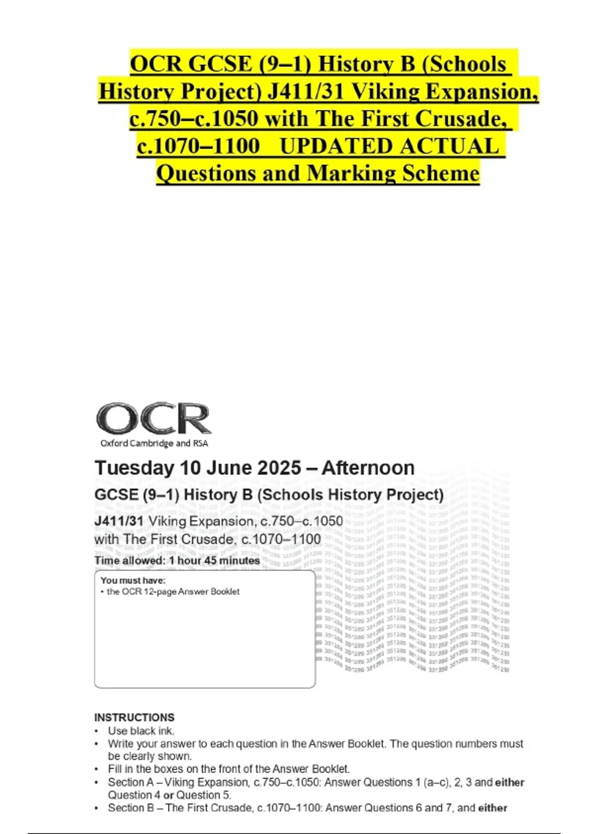 OCR GCSE (9–1) History B (Schools History Project) J411/31 Viking ...