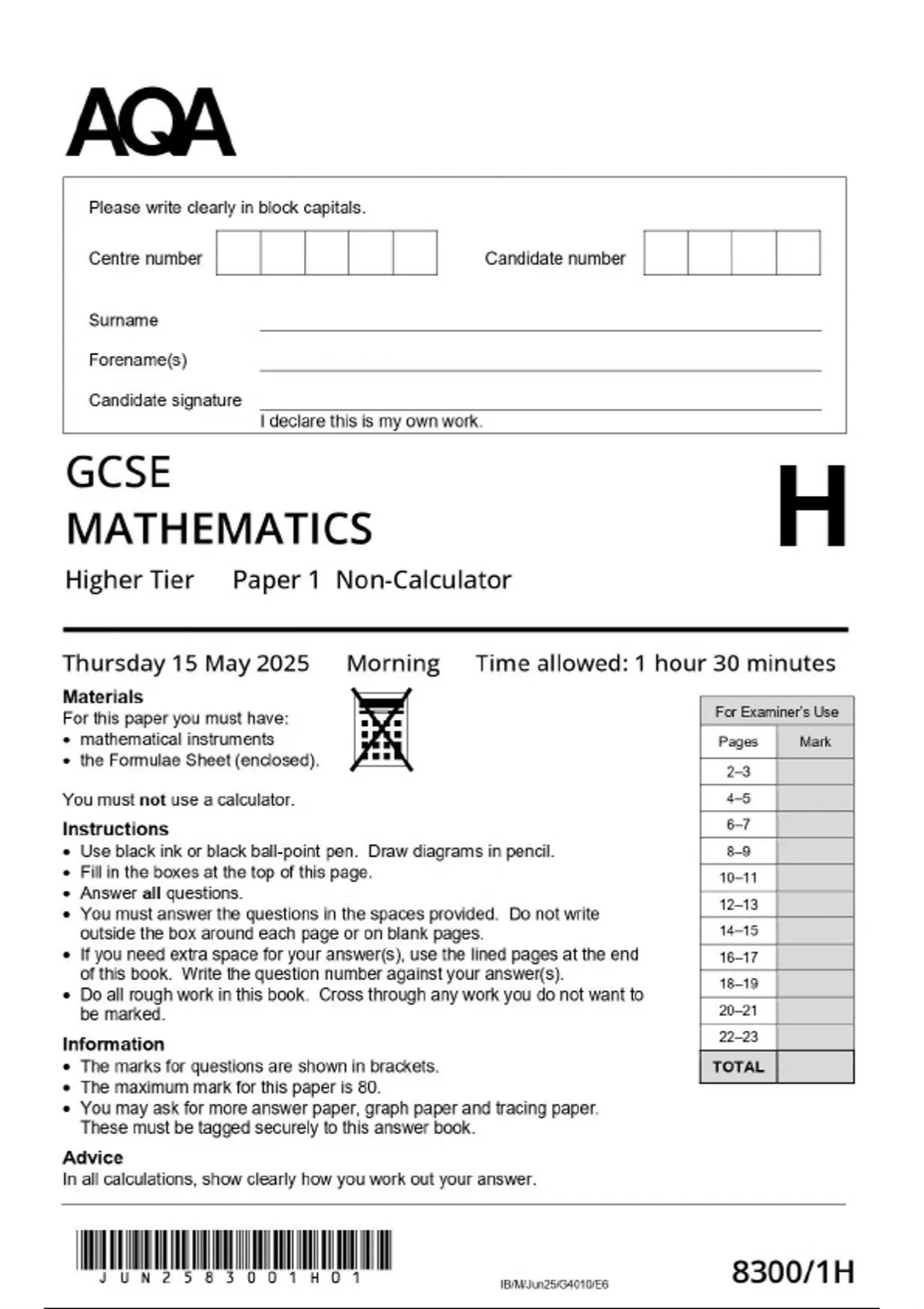 AQA GCSE MATHEMATICS HIGHER TIER PAPER 1 NON-CALCULATOR 8300/1H JUNE 2025 QUESTION PAPER - Maths ...