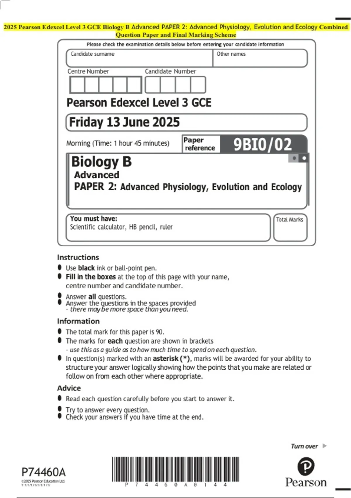 2025 Pearson Edexcel Level 3 GCE Biology B Advanced PAPER 2: Advanced ...