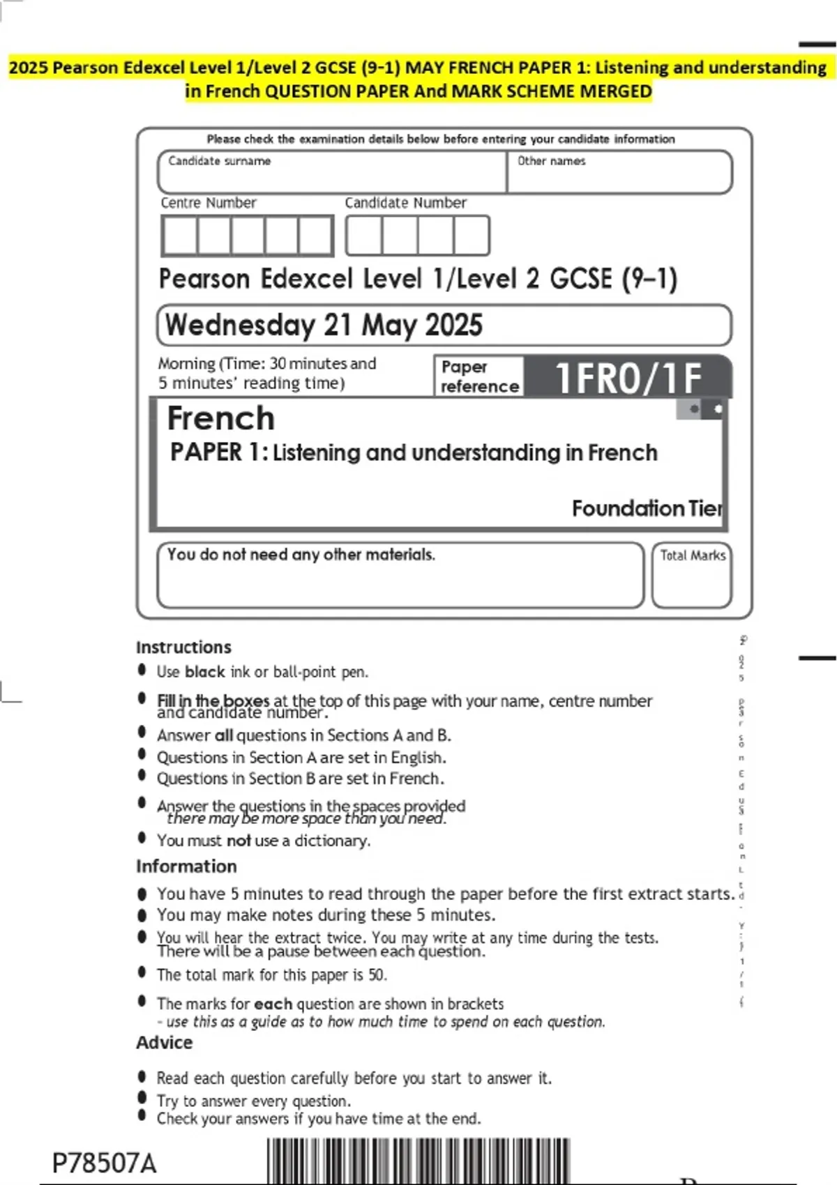 2025 Pearson Edexcel Level 1/Level 2 GCSE (9-1) MAY FRENCH PAPER 1 ...
