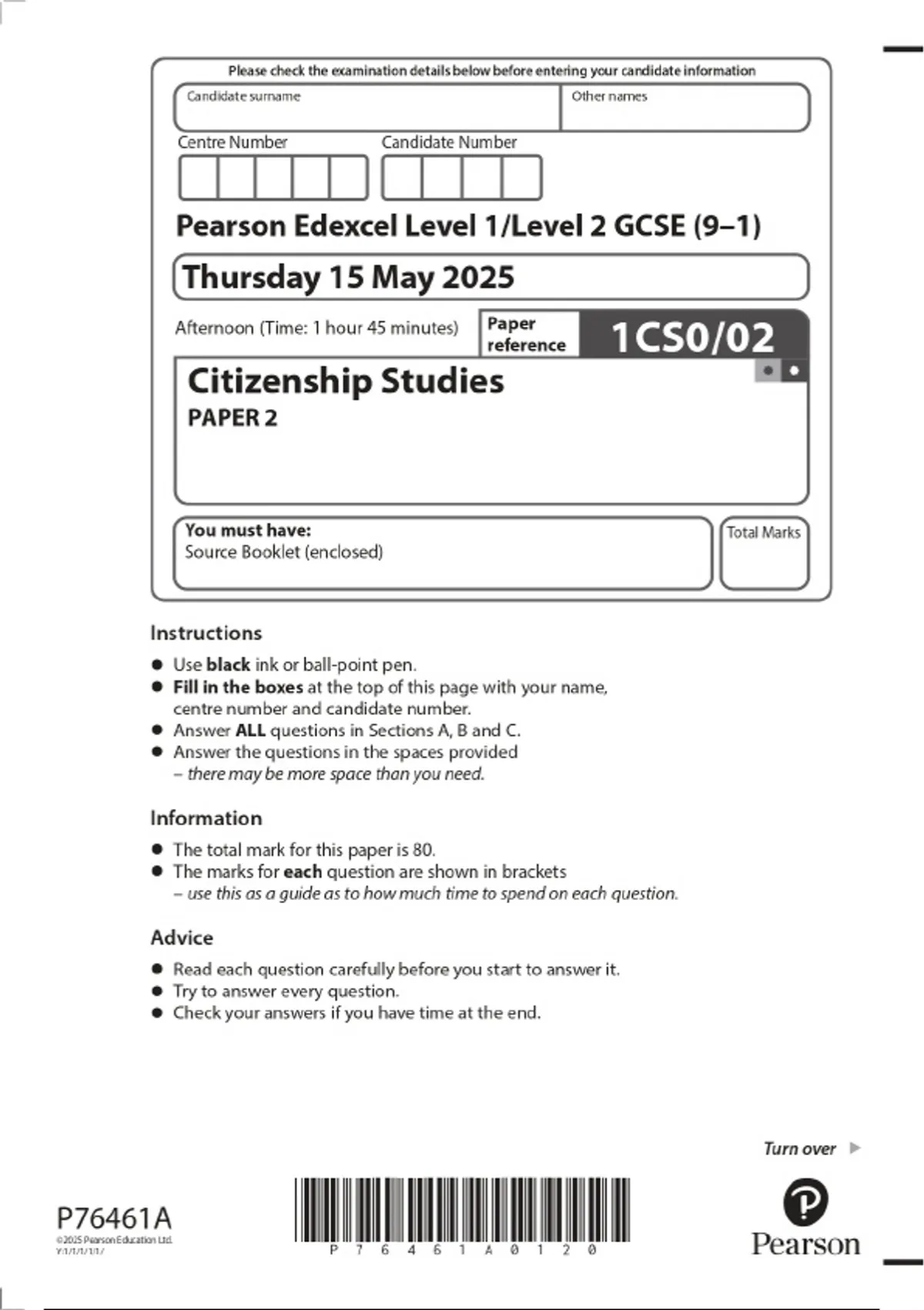 2025 Pearson Edexcel Level 1/Level 2 GCSE (9–1) Citizenship Studies ...
