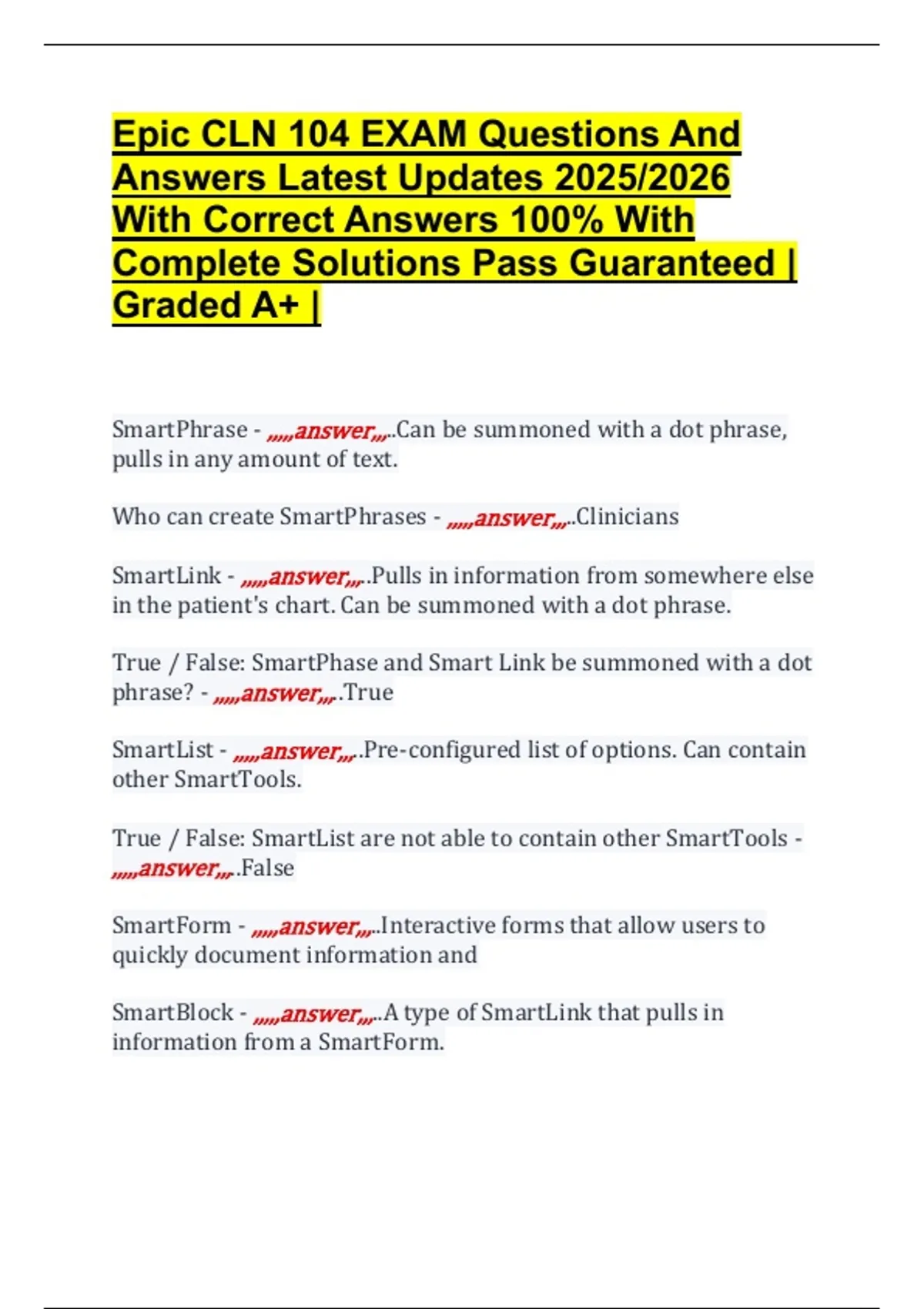 Epic CLN 104 EXAM Questions And Answers Latest Updates 2025/2026 With ...