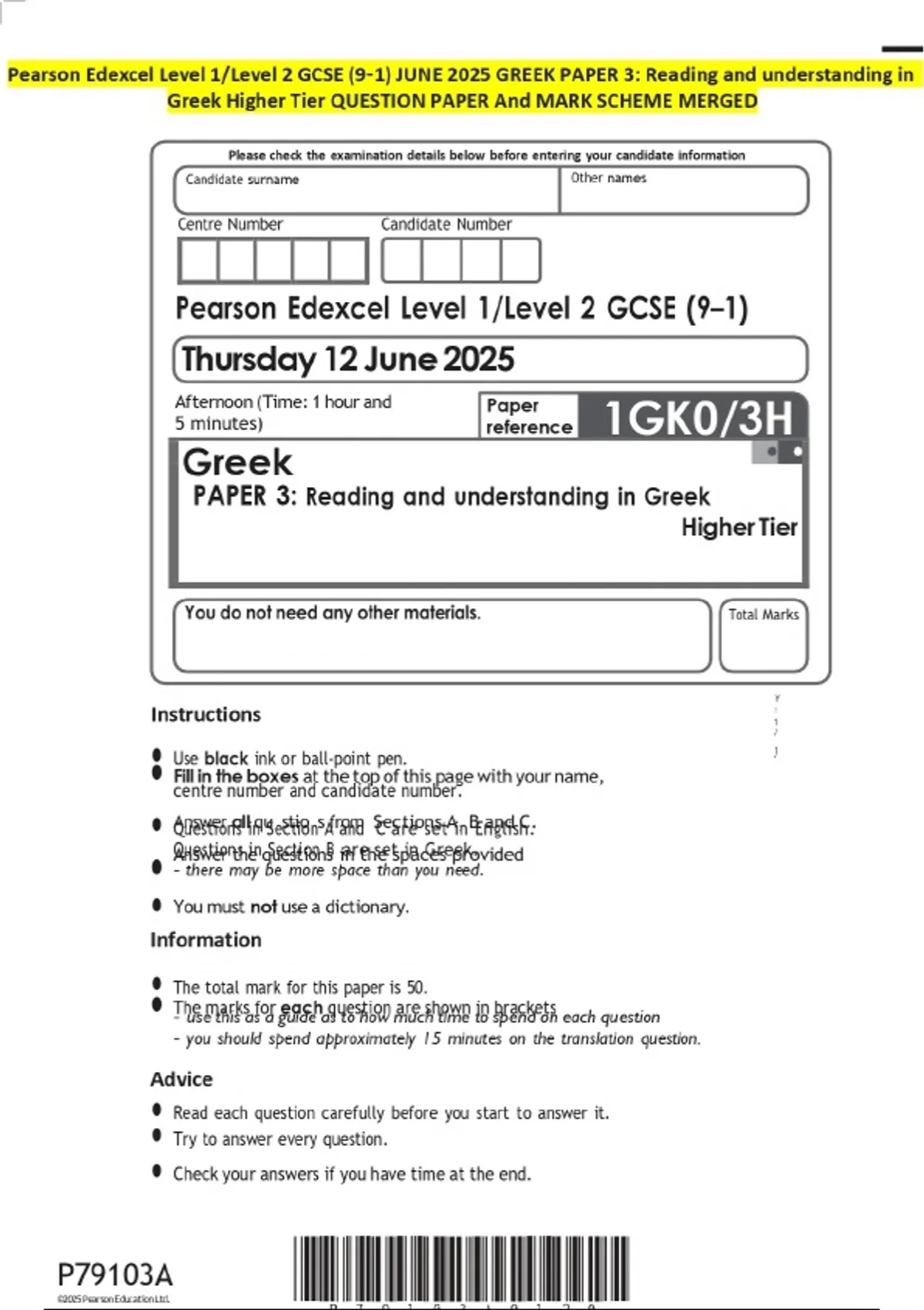 Pearson Edexcel Level 1/Level 2 GCSE (9-1) JUNE 2025 GREEK PAPER 3 ...