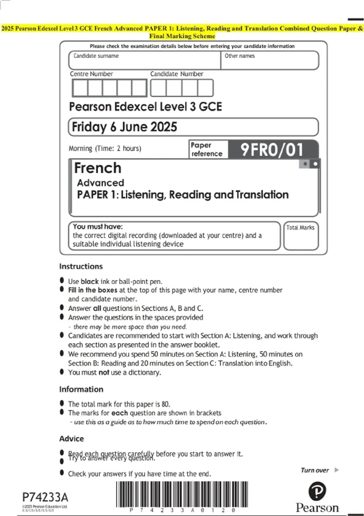 2025 Pearson Edexcel Level 3 GCE French Advanced PAPER 1: Listening ...