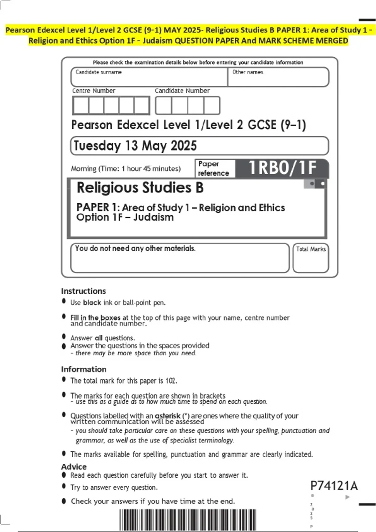 Pearson Edexcel Level 1/Level 2 GCSE (9-1) MAY 2025- Religious Studies ...