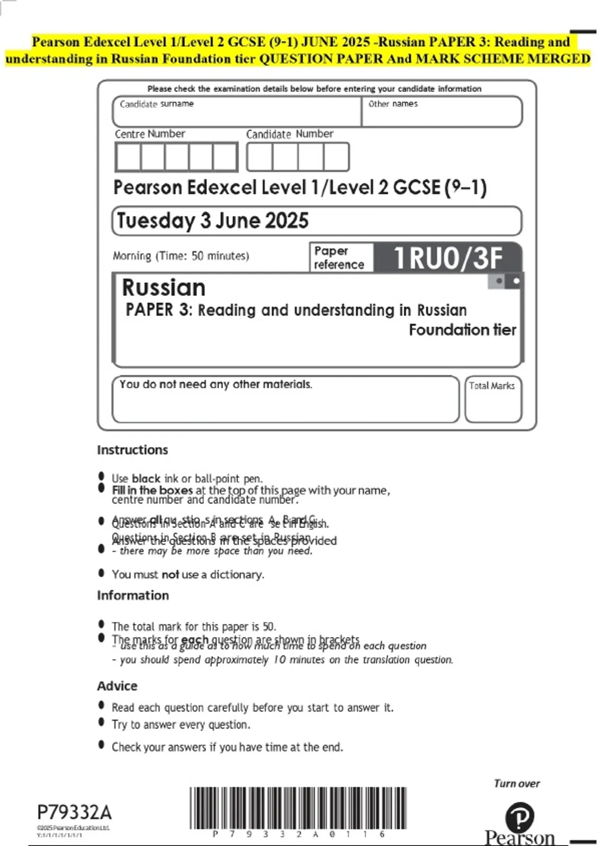 Pearson Edexcel Level 1/Level 2 GCSE (9-1) JUNE 2025 -Russian PAPER 3 ...