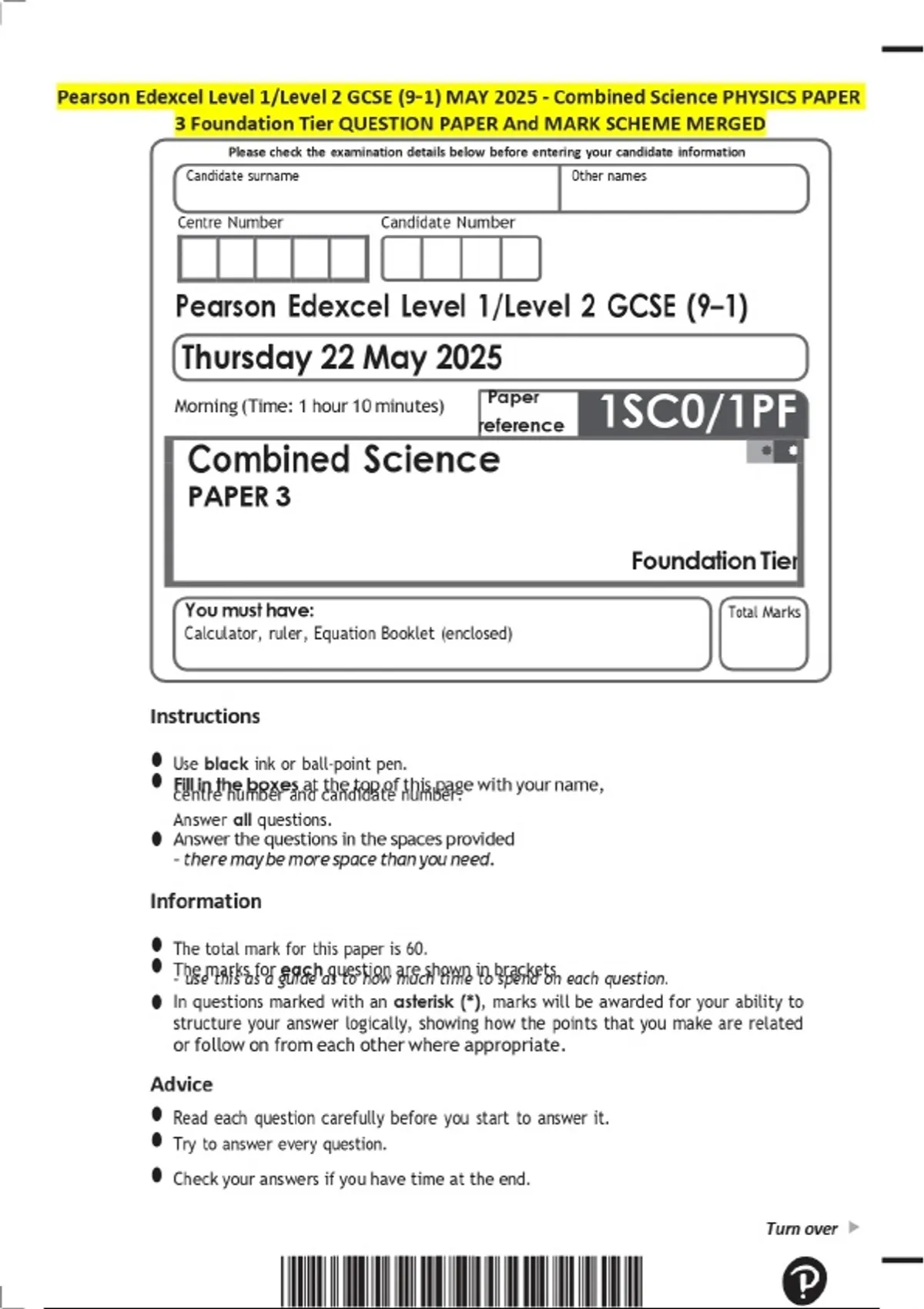 Pearson Edexcel Level 1/Level 2 GCSE (9-1) MAY 2025 - Combined Science ...