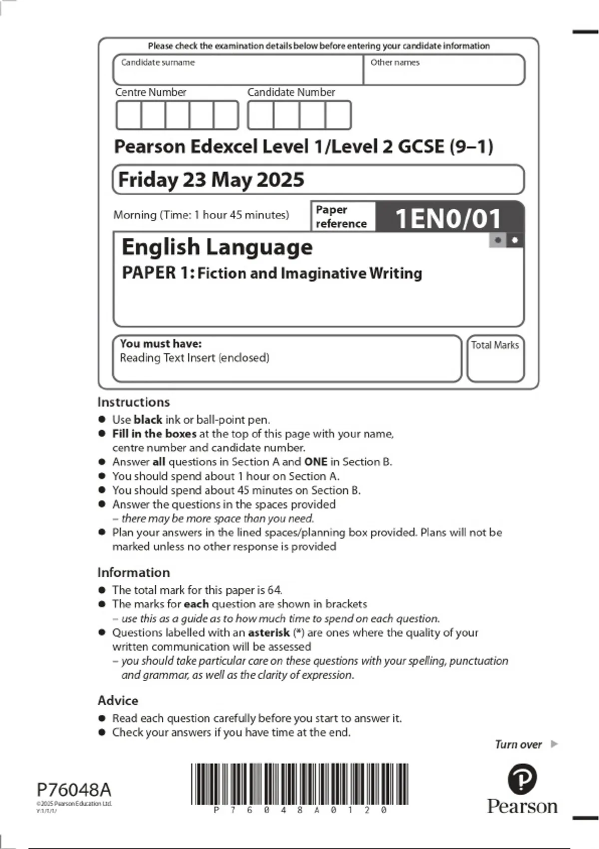 2025 Pearson Edexcel Level 1/Level 2 GCSE (9–1) English Language PAPER ...