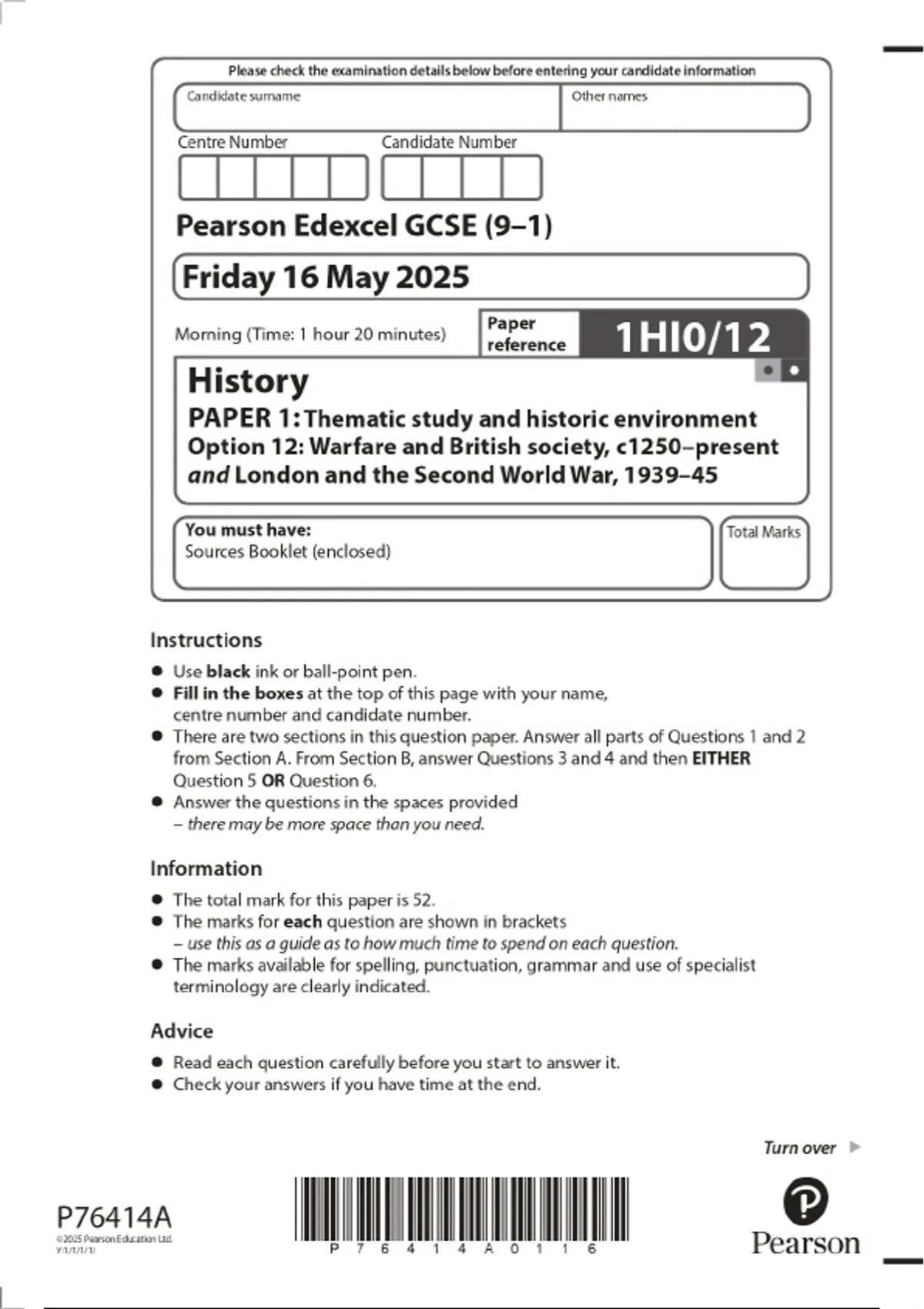2025 Pearson Edexcel GCSE (9–1) History PAPER 1: PAPER 1: Thematic ...