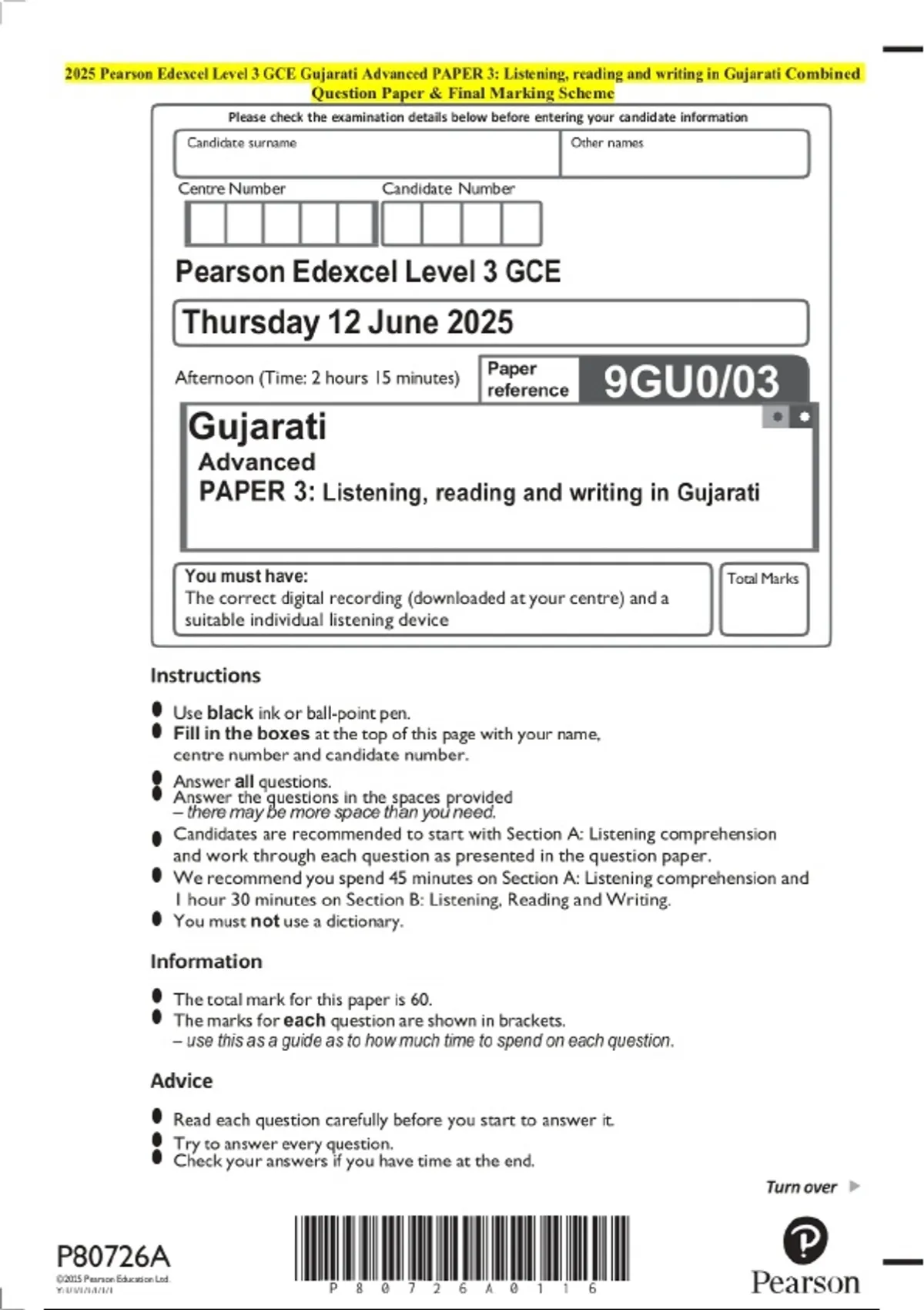 2025 Pearson Edexcel Level 3 GCE Gujarati Advanced PAPER 3: Listening ...