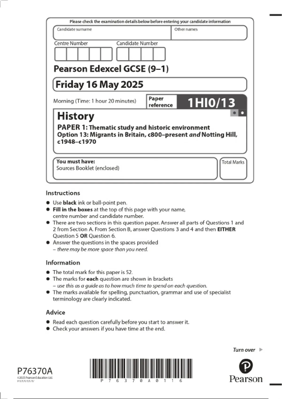 2025 Pearson Edexcel GCSE (9–1) History PAPER 1: PAPER 1 PAPER 1 ...