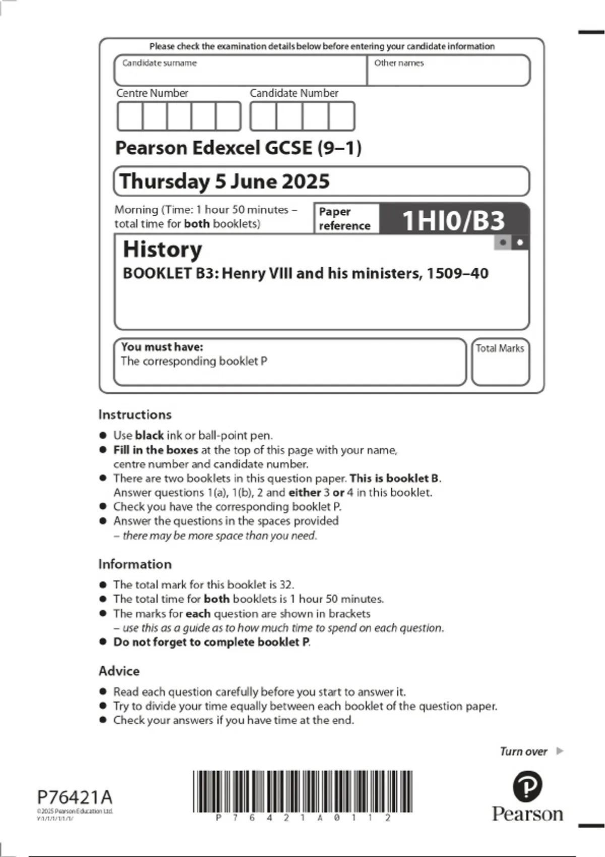 2025 Pearson Edexcel GCSE (9–1) History BOOKLET B3: Henry VIII and his ...