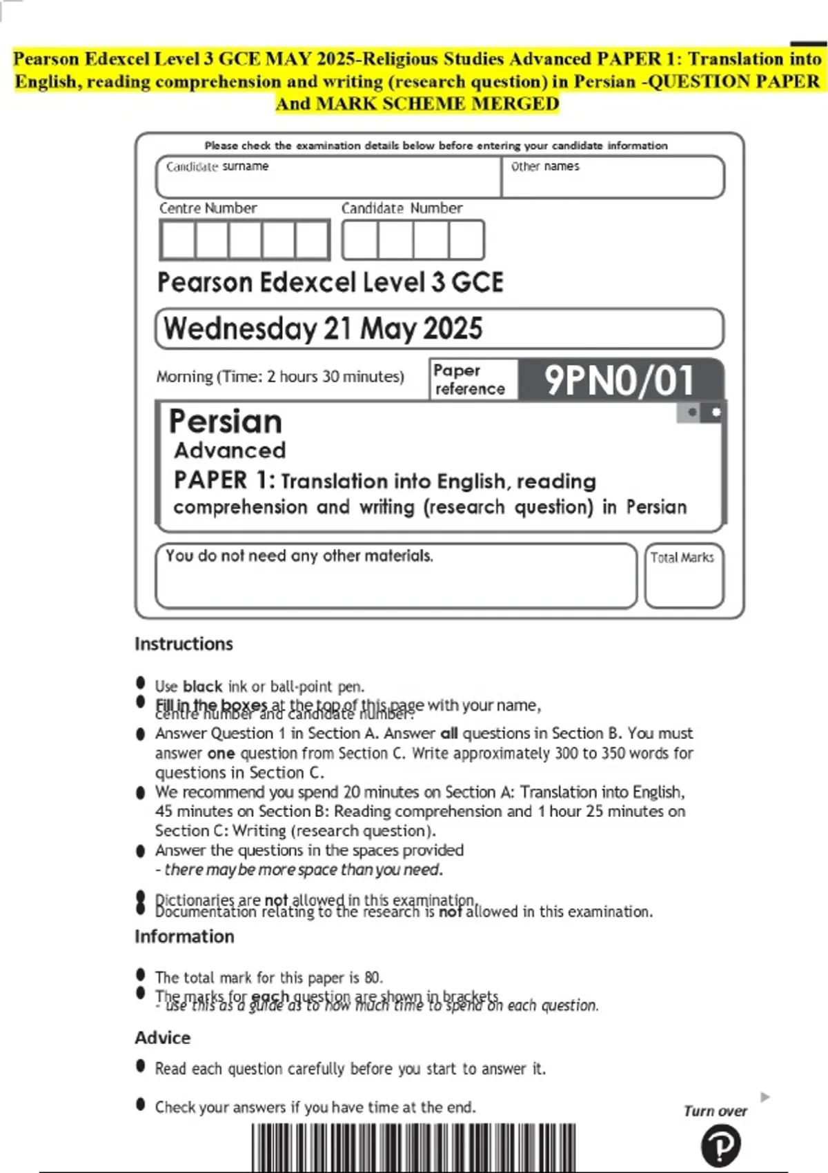 Pearson Edexcel Level 3 GCE MAY 2025-Religious Studies Advanced PAPER 1 ...