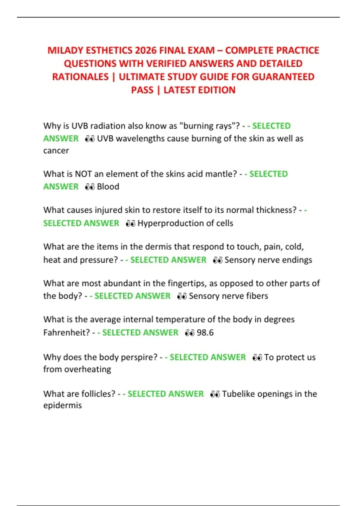MILADY ESTHETICS 2026 FINAL EXAM – COMPLETE PRACTICE QUESTIONS WITH ...
