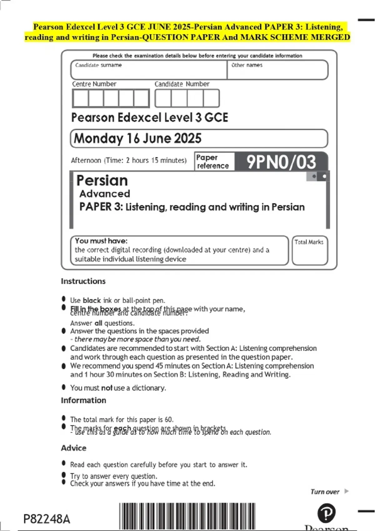 Pearson Edexcel Level 3 GCE JUNE 2025-Persian Advanced PAPER 3 ...