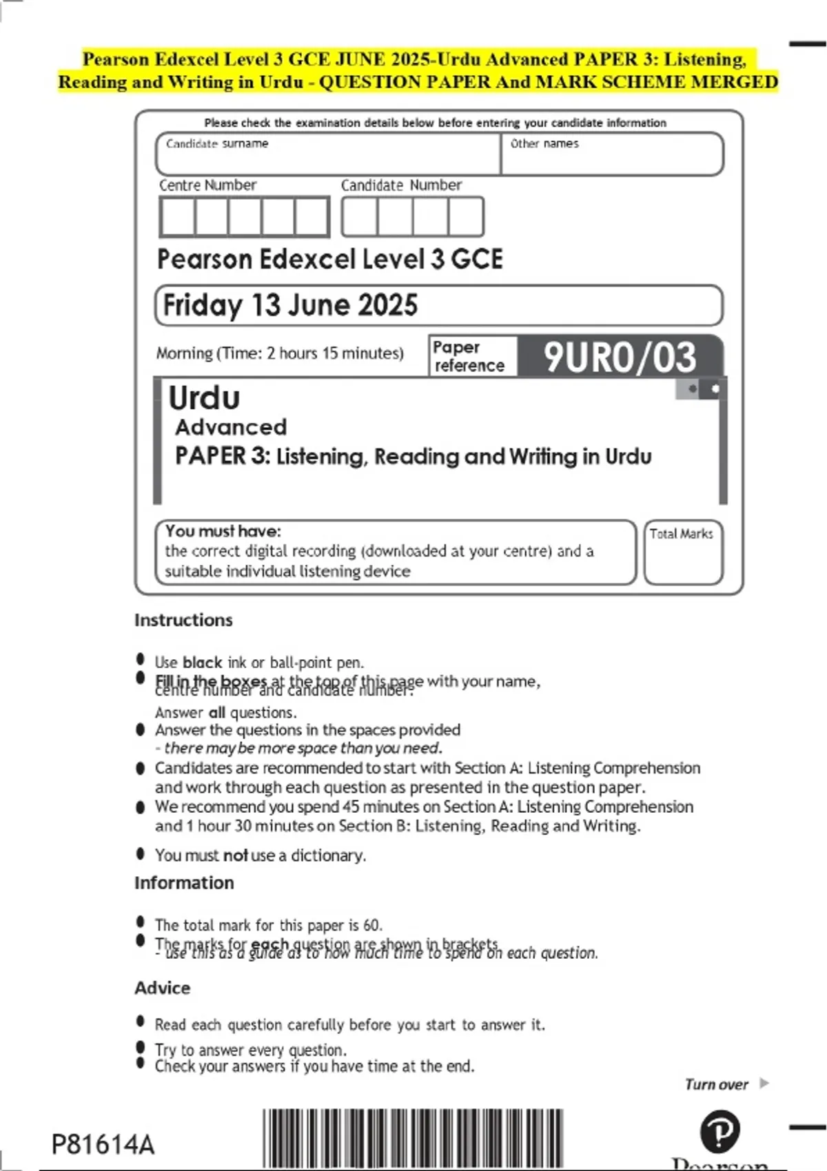 Pearson Edexcel Level 3 GCE JUNE 2025-Urdu Advanced PAPER 3: Listening ...