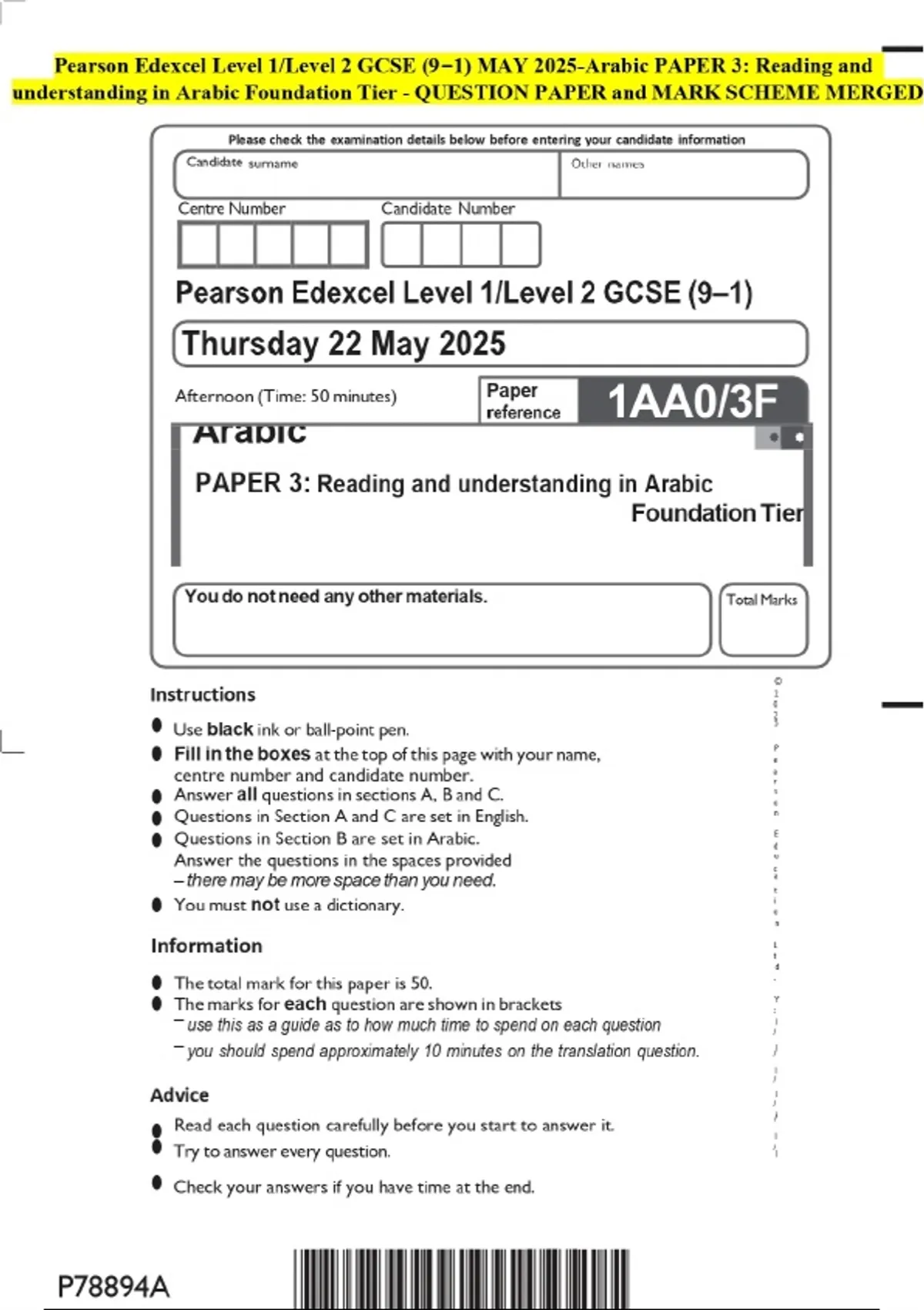 Pearson Edexcel Level 1/Level 2 GCSE (9–1) MAY 2025-Arabic PAPER 3 ...