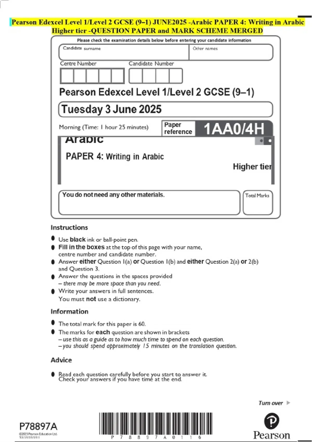 Pearson Edexcel Level 1/Level 2 GCSE (9–1) JUNE2025 -Arabic PAPER 4 ...