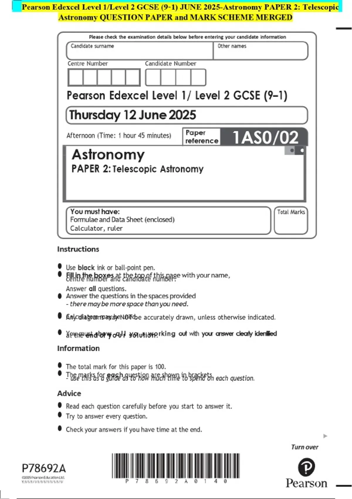 Pearson Edexcel Level 1/Level 2 GCSE (9-1) JUNE 2025-Astronomy PAPER 2 ...
