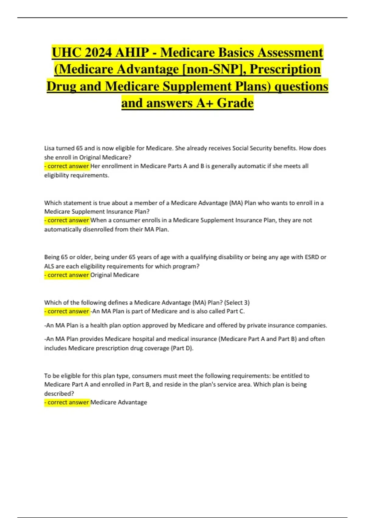 UHC 2024 AHIP – Medicare Basics Assessment (Medicare Advantage [non-SNP ...