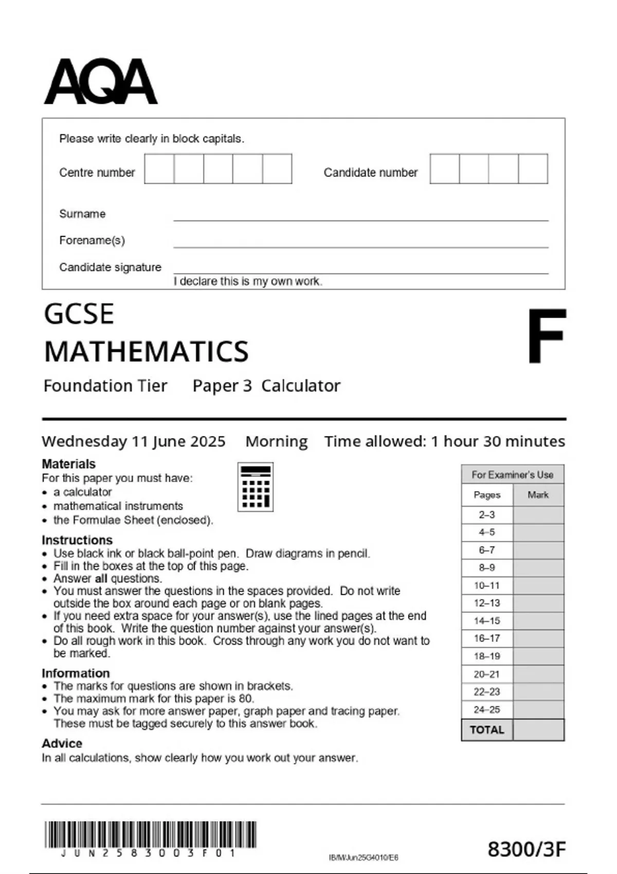 GCSE AQA Mathematics Paper 3 Foundation Tier June 2025 Question Paper ...