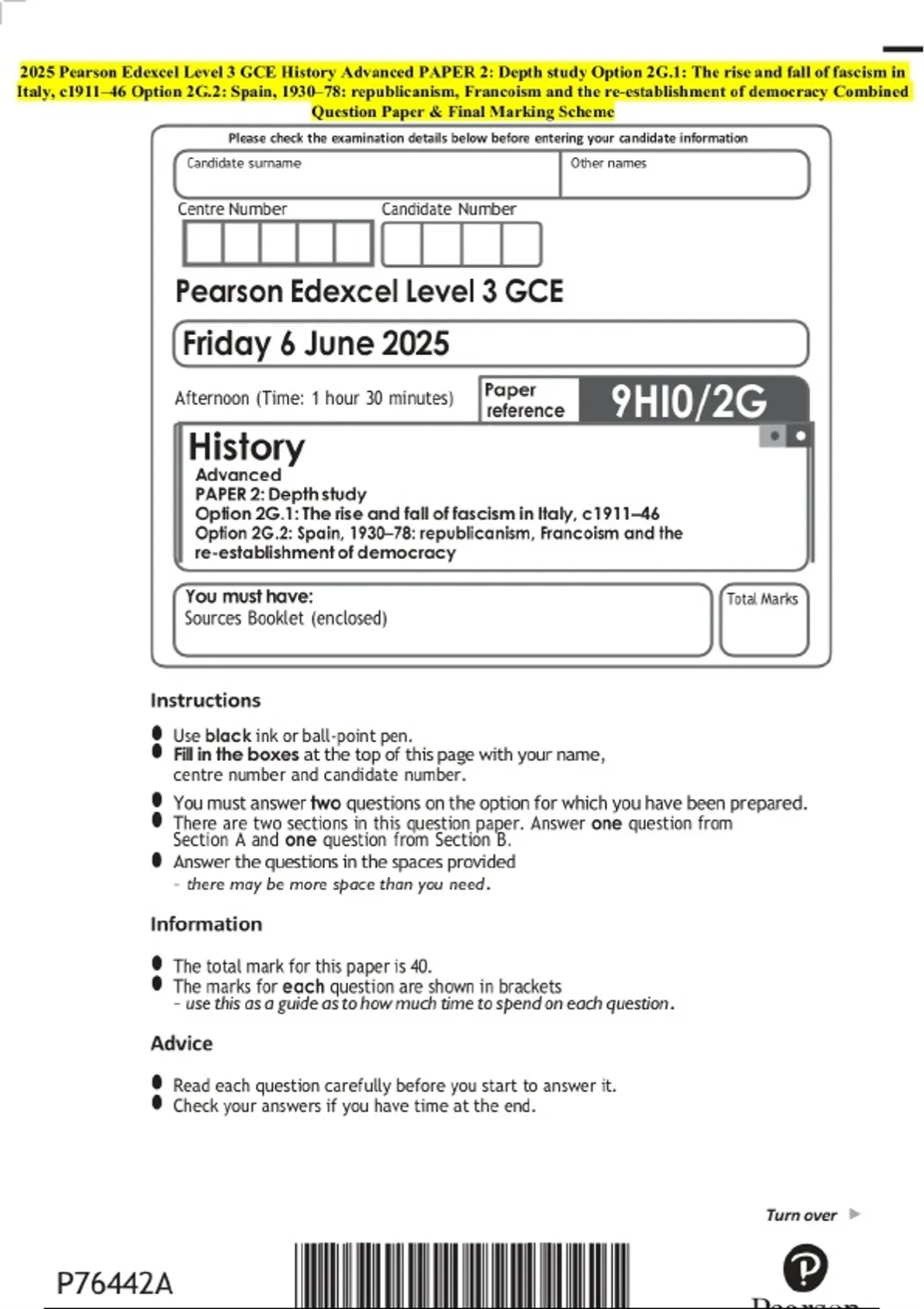 2025 Pearson Edexcel Level 3 GCE History Advanced PAPER 2: Depth study ...