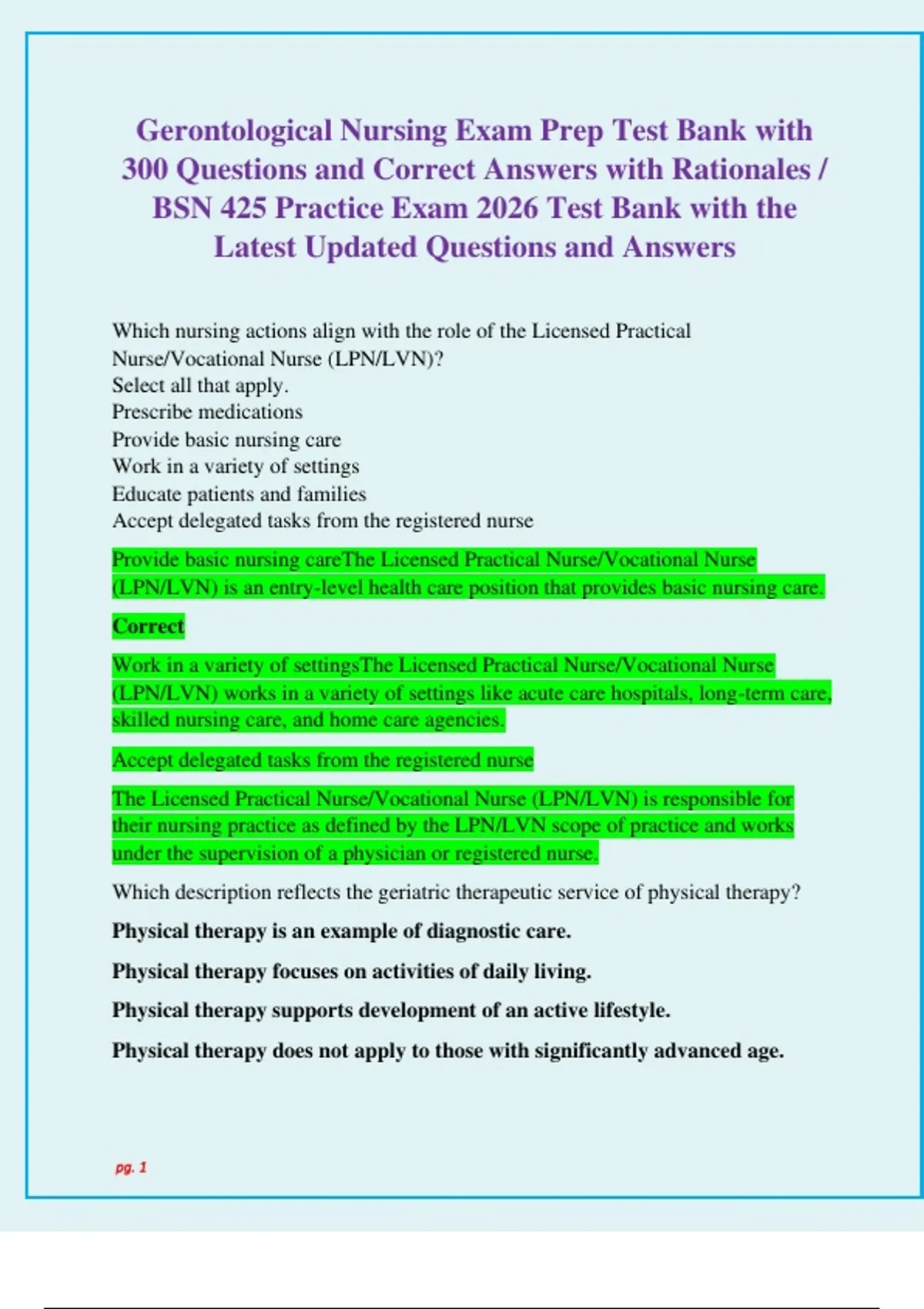 Gerontological Nursing Exam Prep Test Bank with 300 Questions and ...