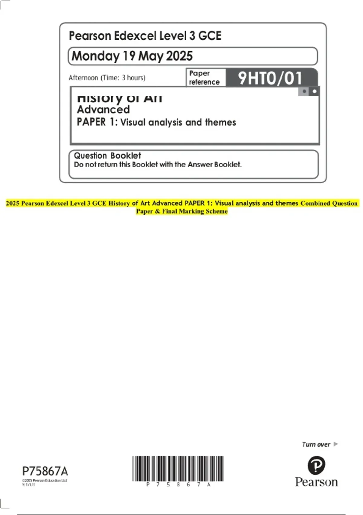 2025 Pearson Edexcel Level 3 GCE History of Art Advanced PAPER 1 ...