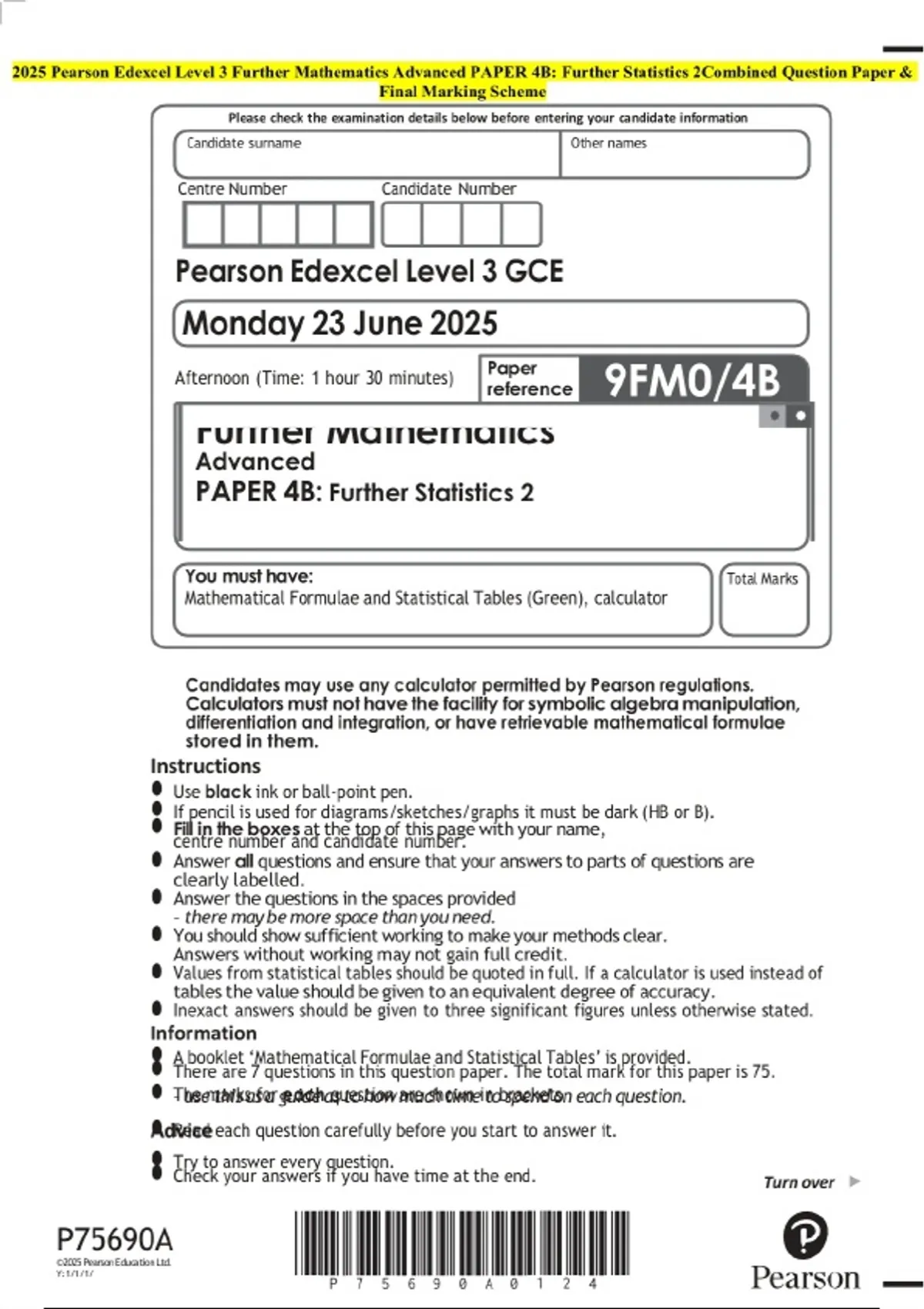 2025 Pearson Edexcel Level 3 Further Mathematics Advanced PAPER 4B ...