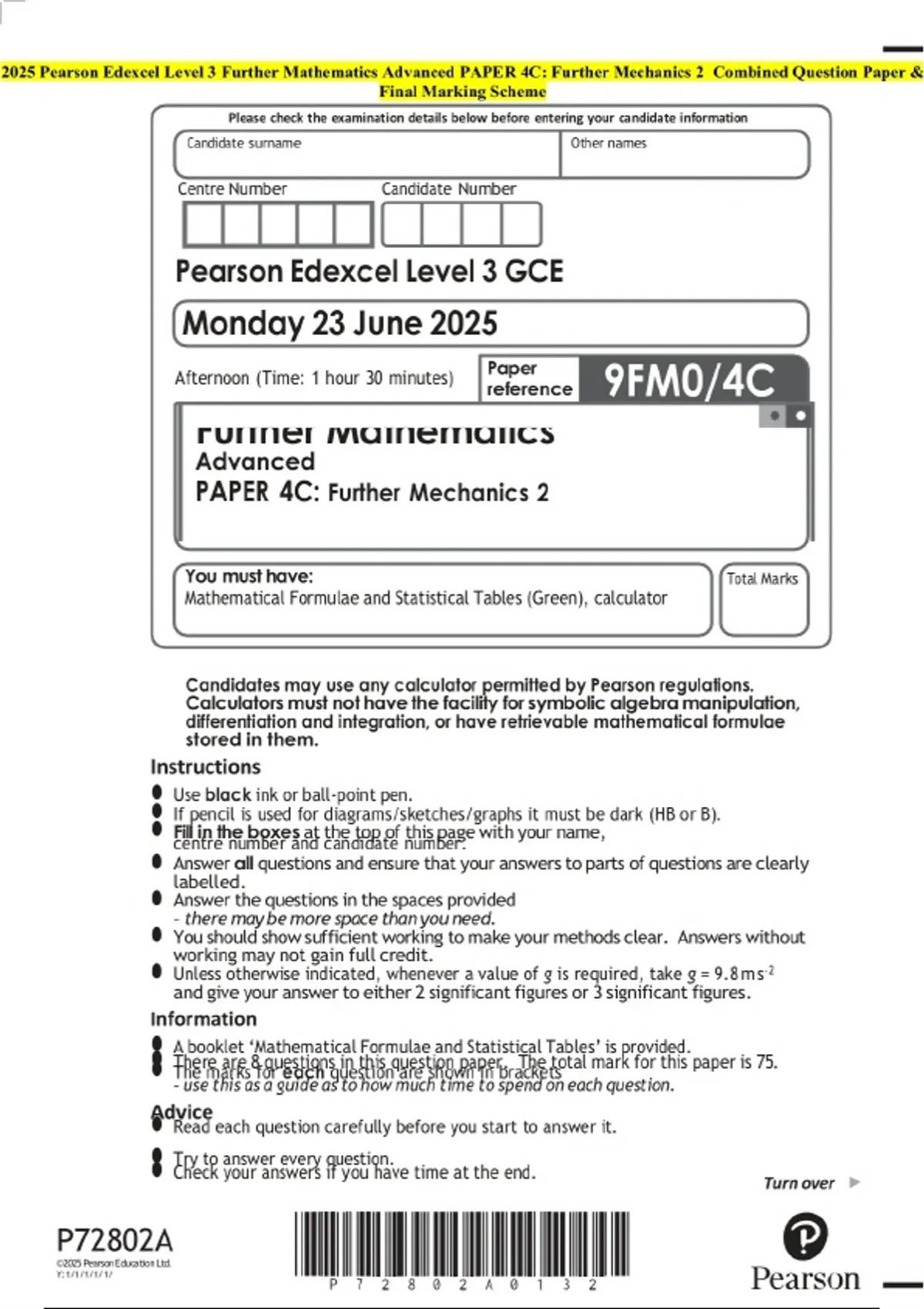 2025 Pearson Edexcel Level 3 Further Mathematics Advanced PAPER 4C ...