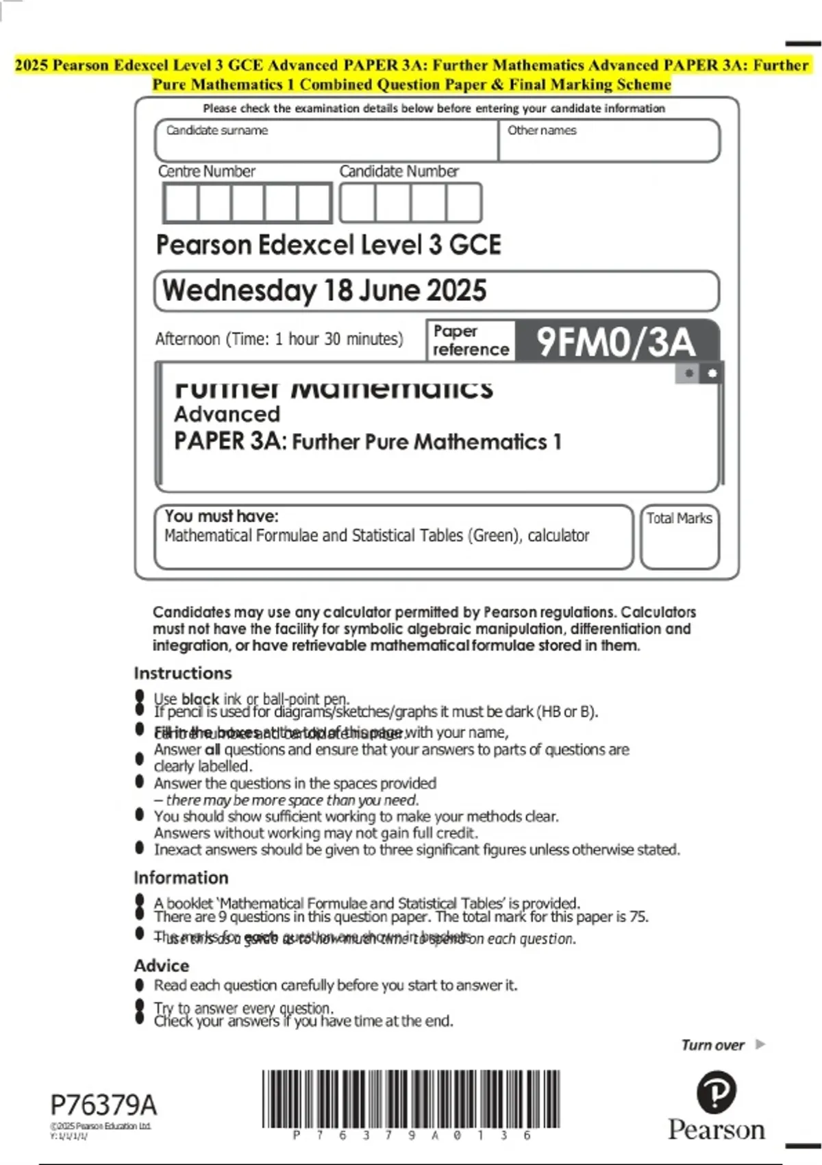 2025 Pearson Edexcel Level 3 GCE Advanced PAPER 3A: Further Mathematics ...