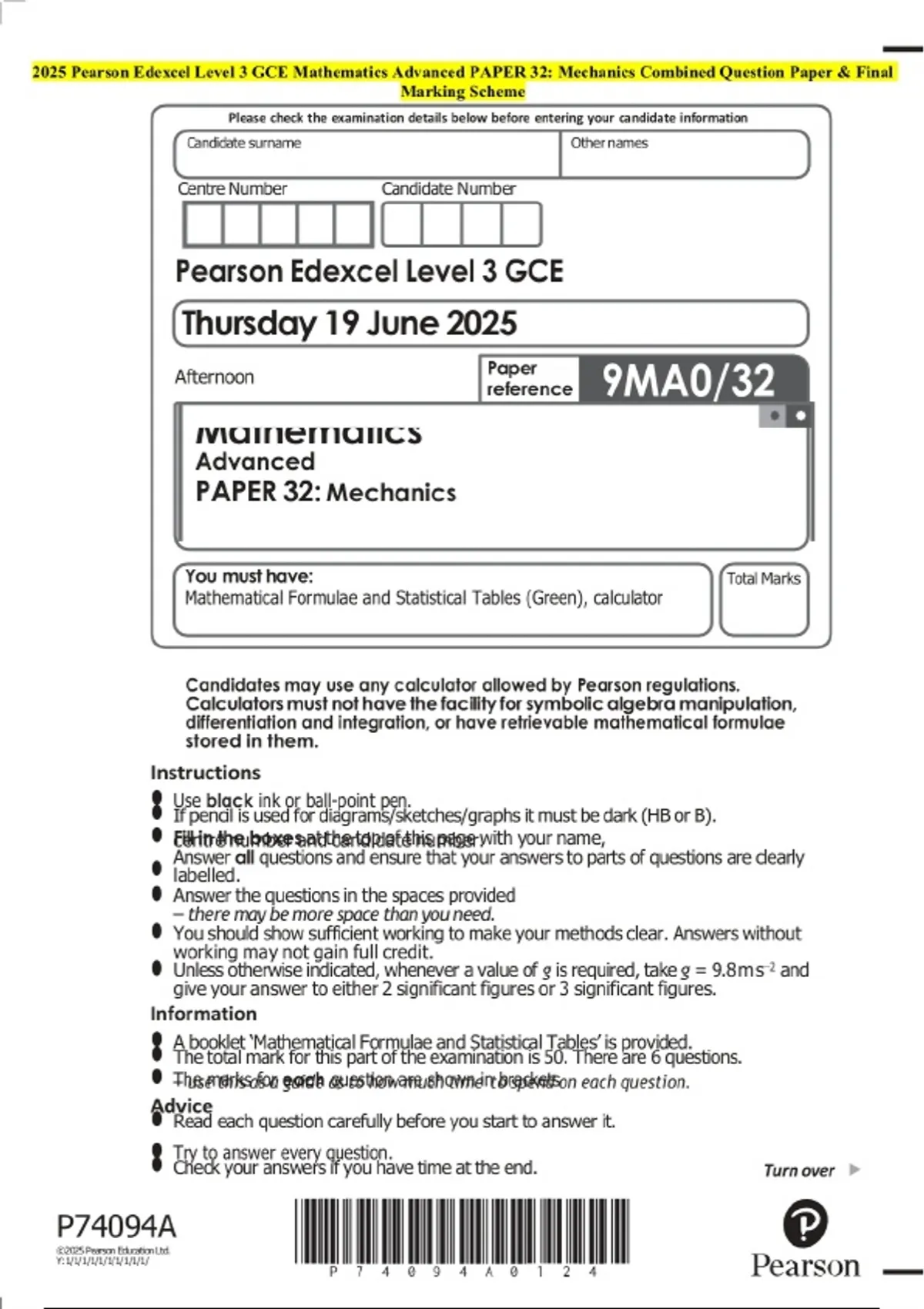 2025 Pearson Edexcel Level 3 GCE Mathematics Advanced PAPER 32 ...