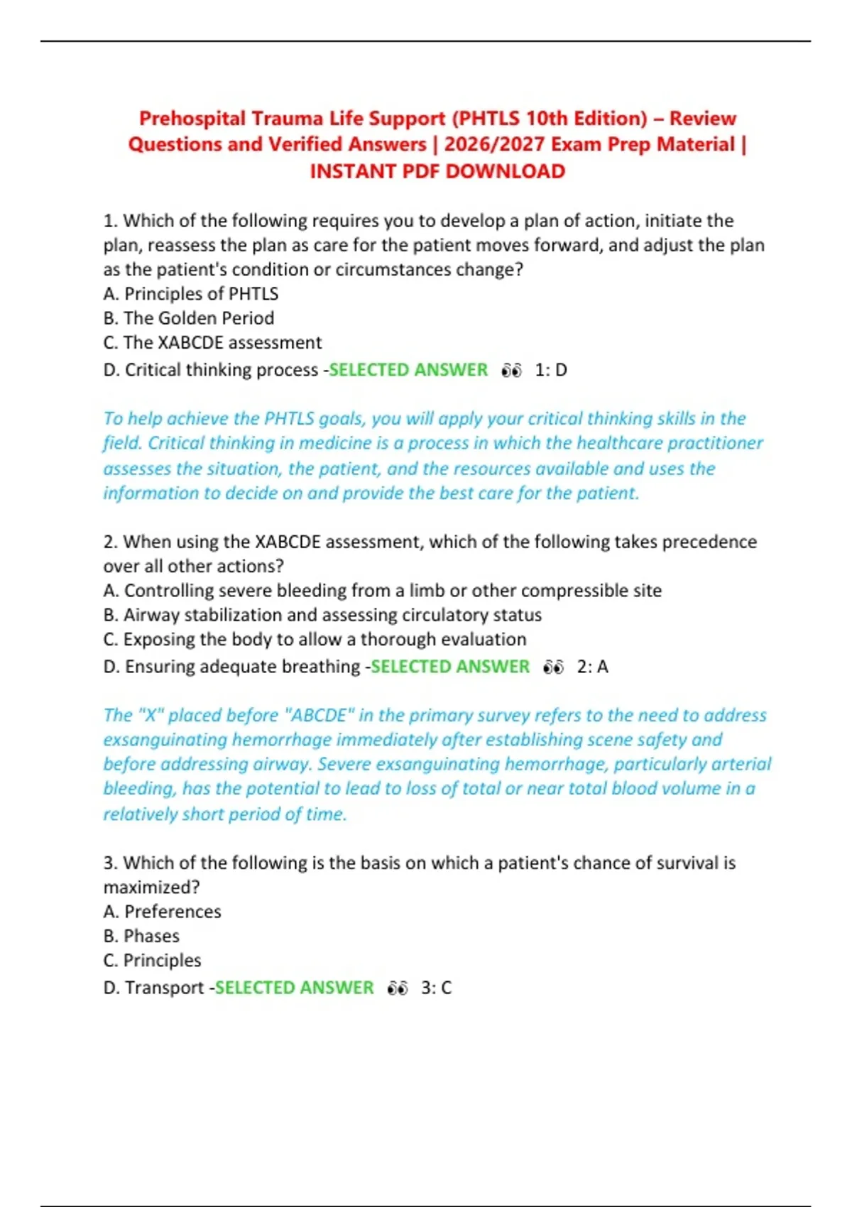 Prehospital Trauma Life Support (PHTLS 10th Edition) – Review Questions ...