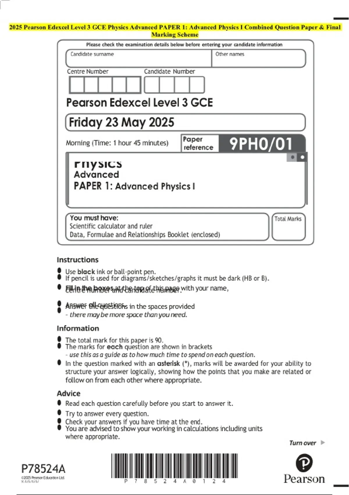 2025 Pearson Edexcel Level 3 GCE Physics Advanced PAPER 1: Advanced ...