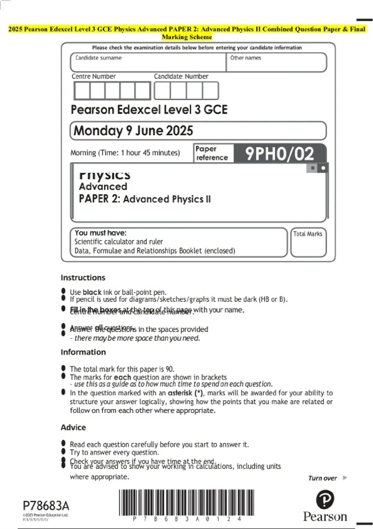 2025 Pearson Edexcel Level 3 GCE Physics Advanced PAPER 2: Advanced ...