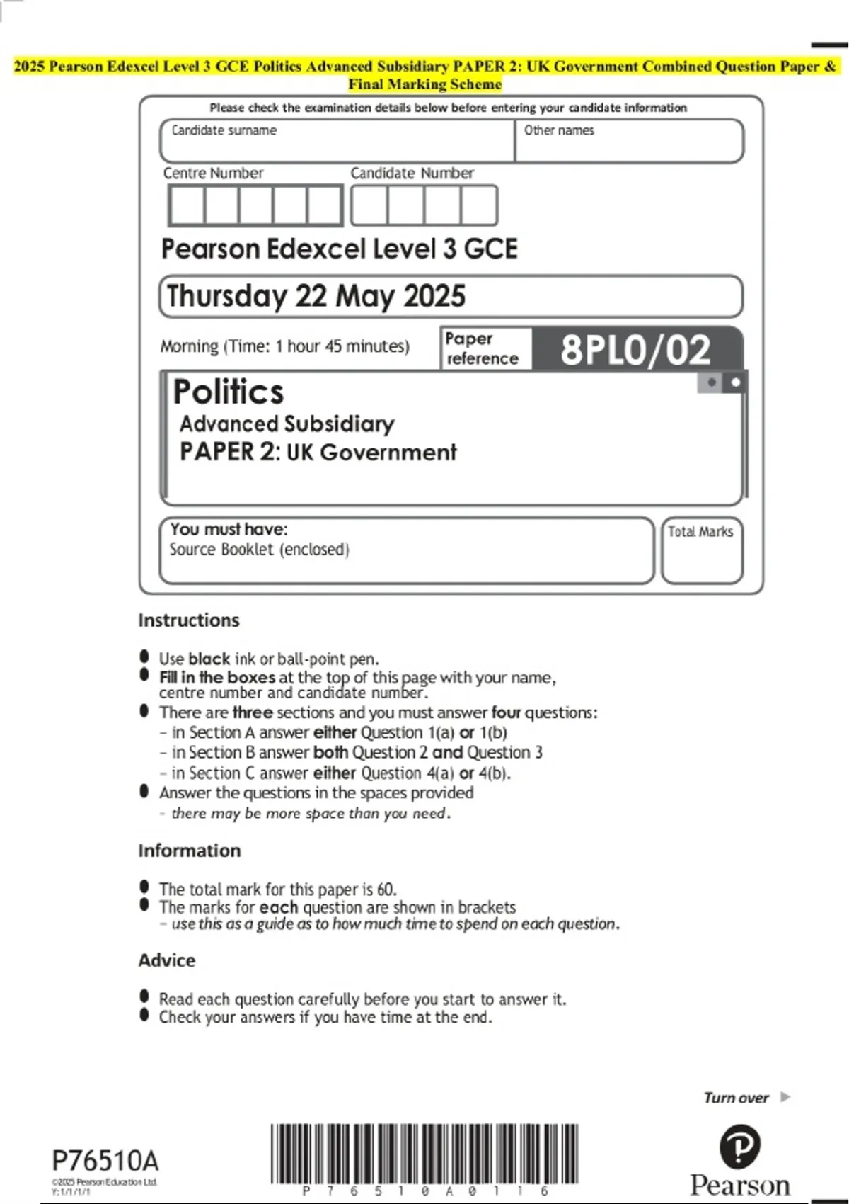 2025 Pearson Edexcel Level 3 GCE Politics Advanced Subsidiary PAPER 2 ...