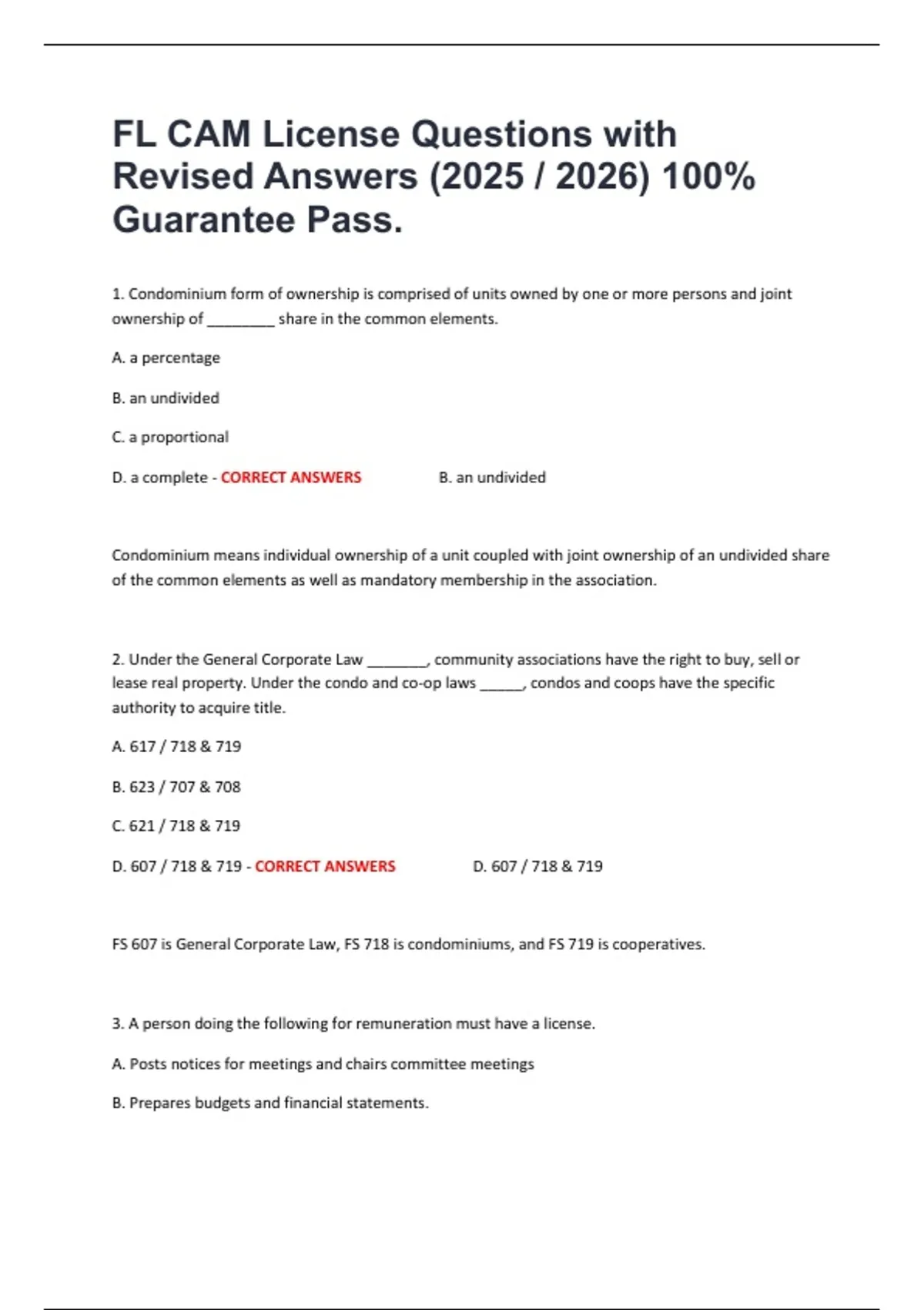 Summary FL CAM License Questions with Revised Answers (2025 / 2026) 100 ...