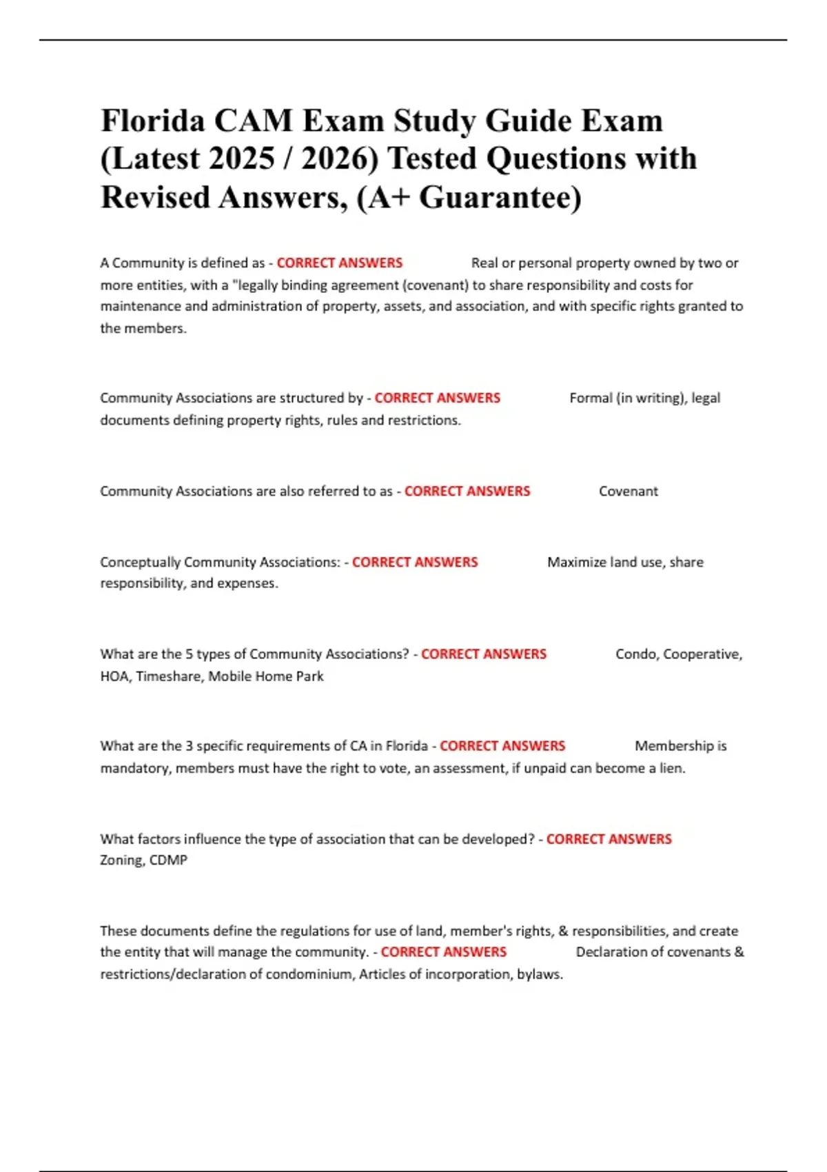 Florida CAM Exam Study Guide Exam (Latest 2025 / 2026) Tested Questions ...