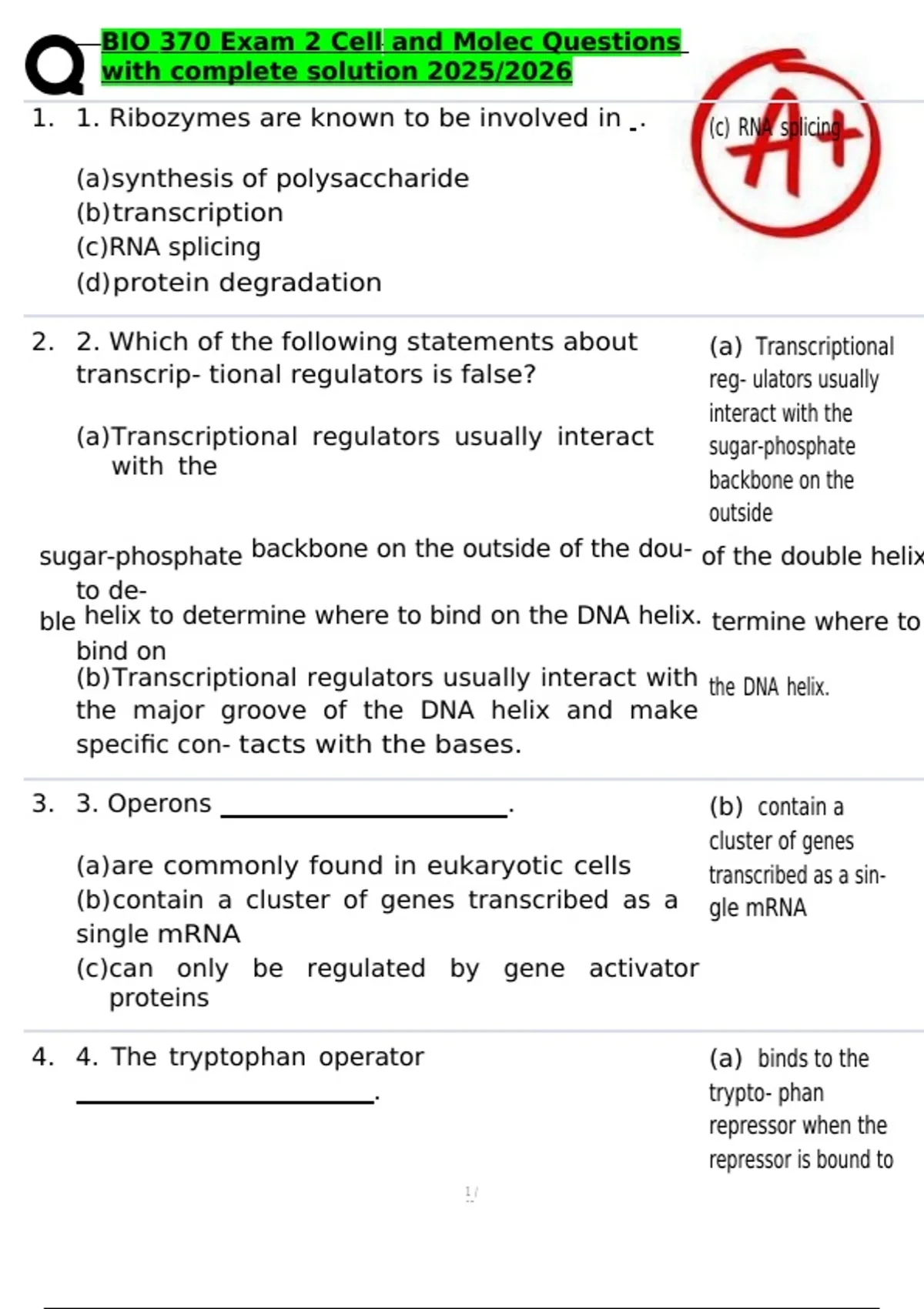 BIO 370 Exam 2 Cell and Molec Questions with complete solution 2025/ ...
