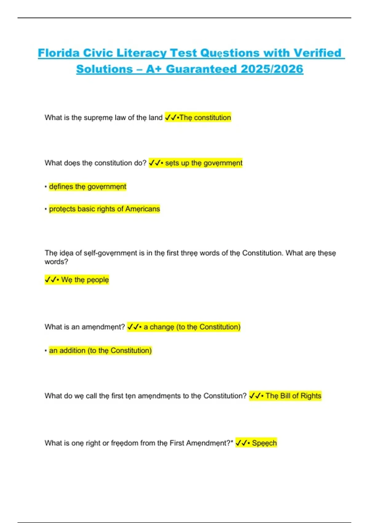 Florida Civic Literacy Test – Questions with Verified Solutions (A+ ...