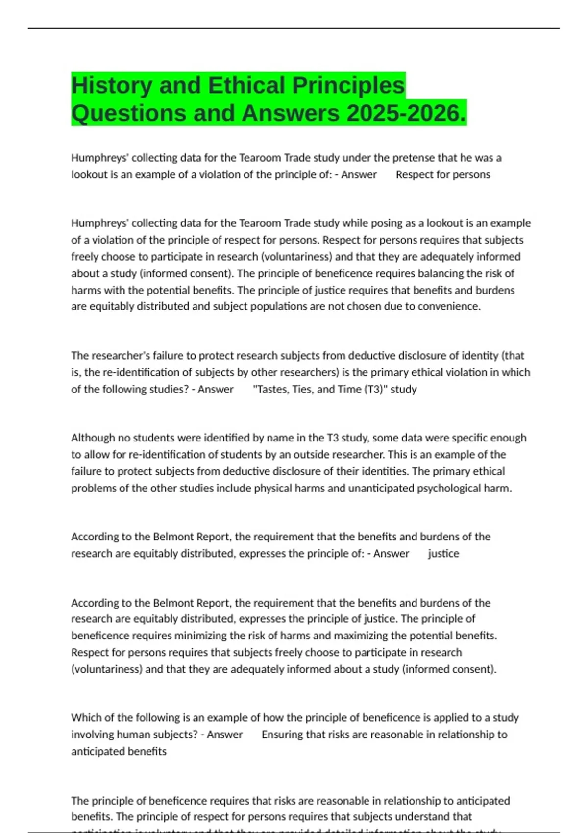 History and Ethical Principles Questions and Answers . - CITI HISTORY ...